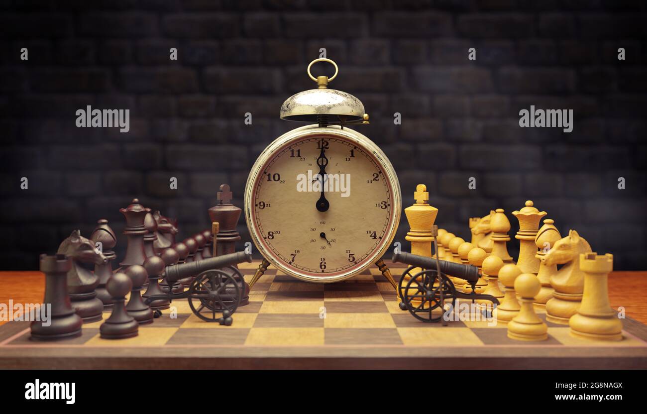 Chess and cannon are facing each other on chessboard with alarm clock ...