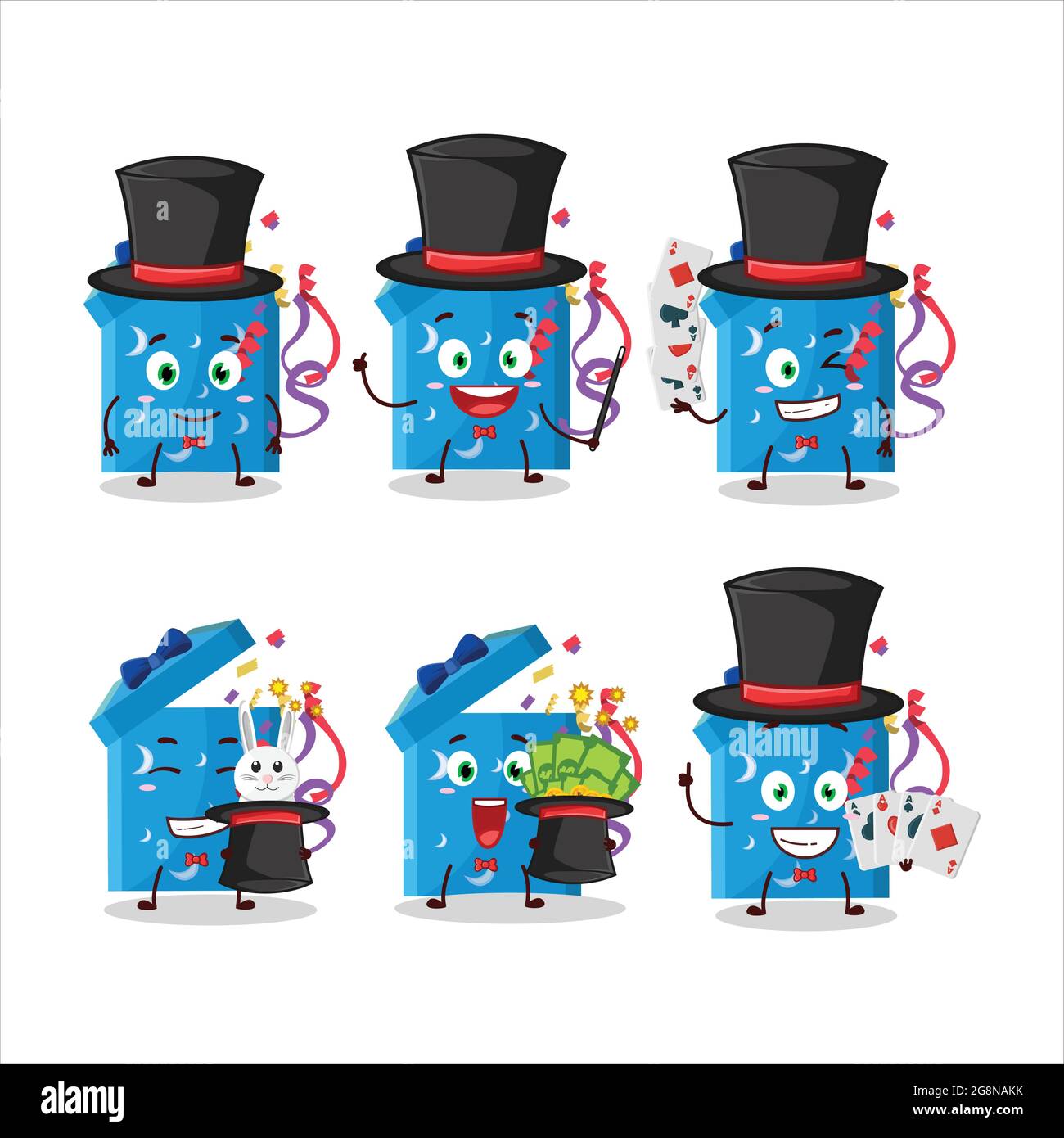 A open magic gift Box Magician cartoon character perform on a stage ...