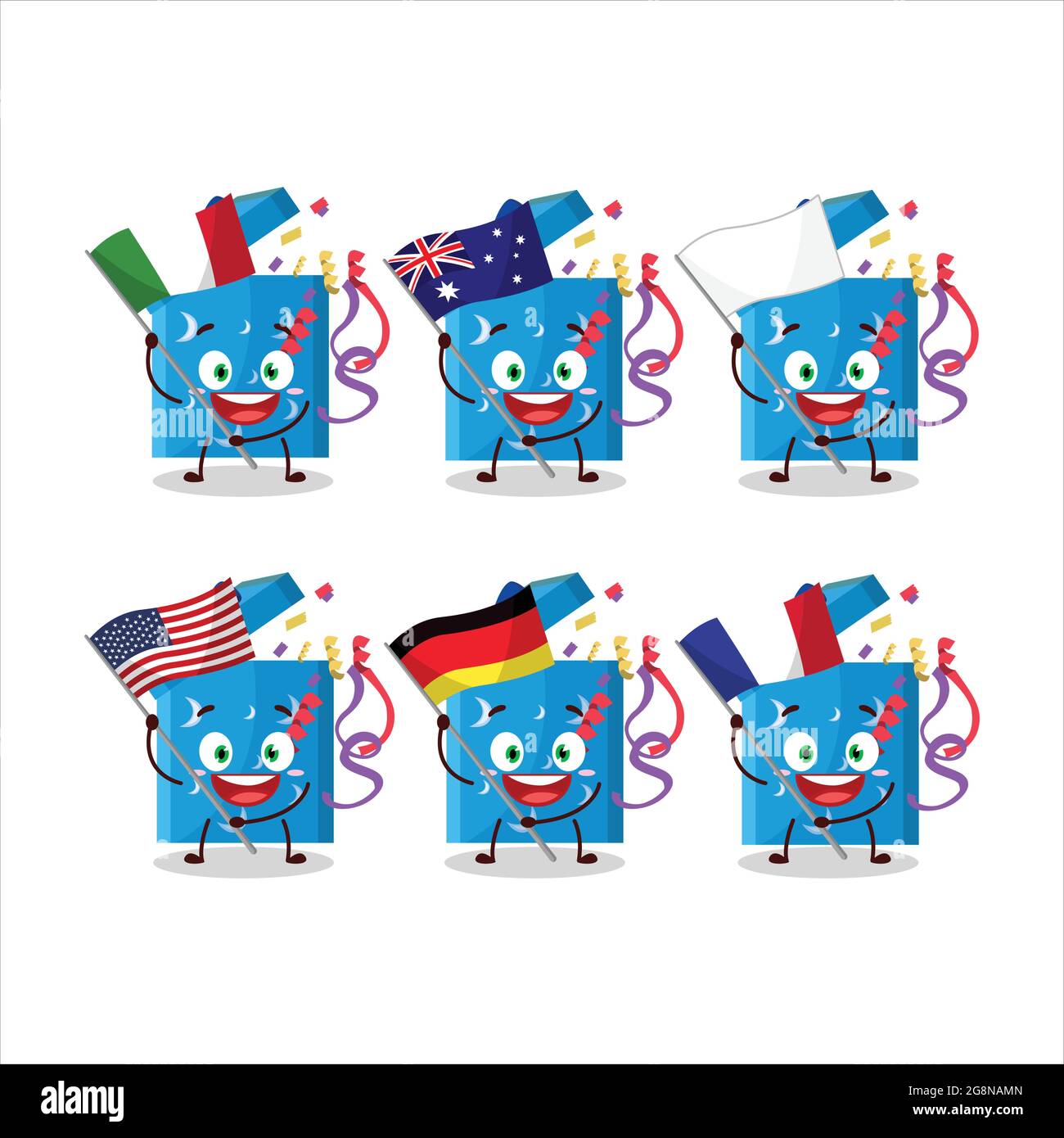 Open magic gift Box cartoon character bring the flags of various ...