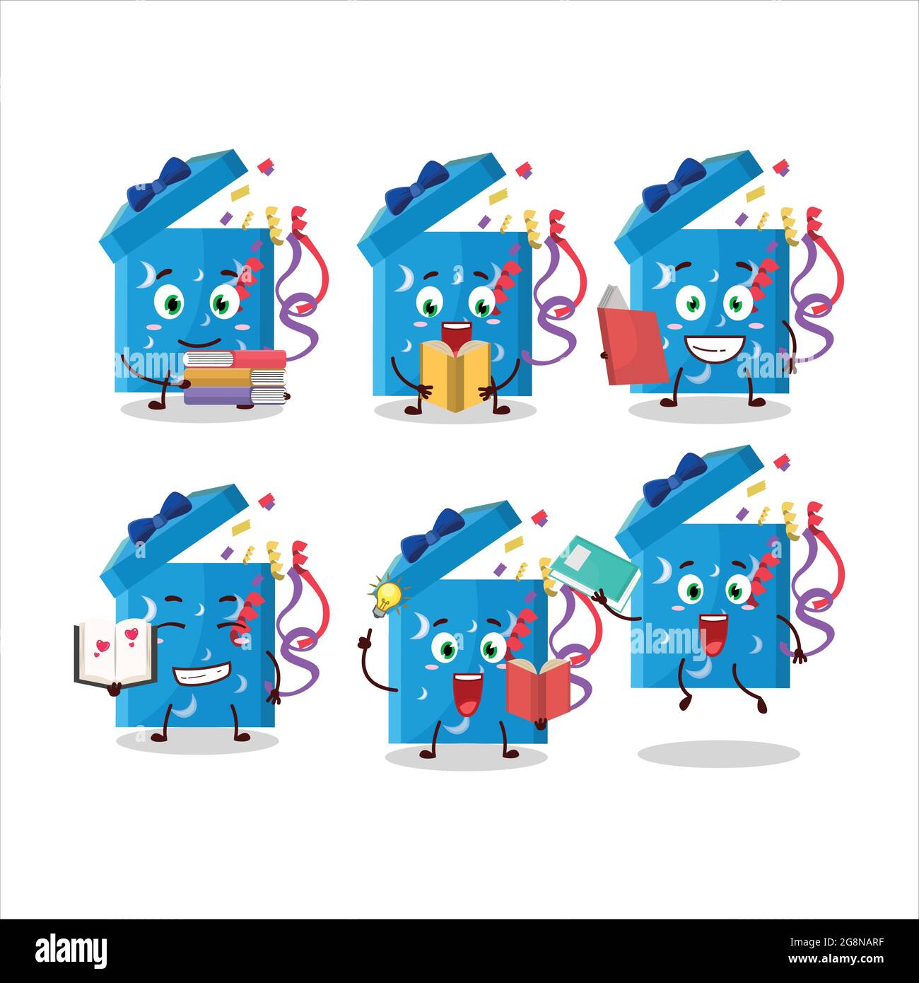A picture of open magic gift box cartoon character concept reading an ...