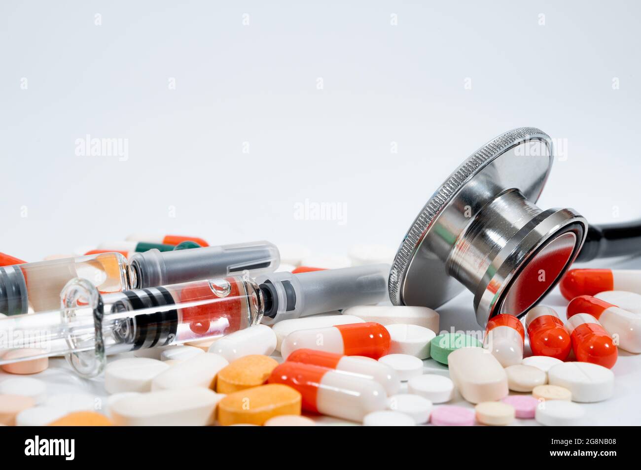 Medical concept with different types of medicines on white background ...