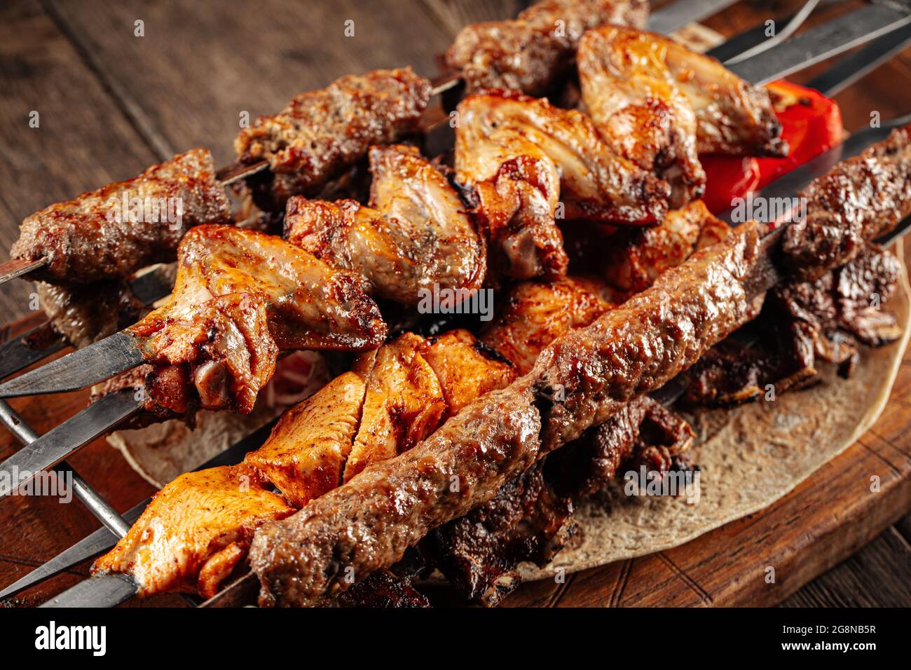 Assorted shashlik skewers with different meat Stock Photo - Alamy