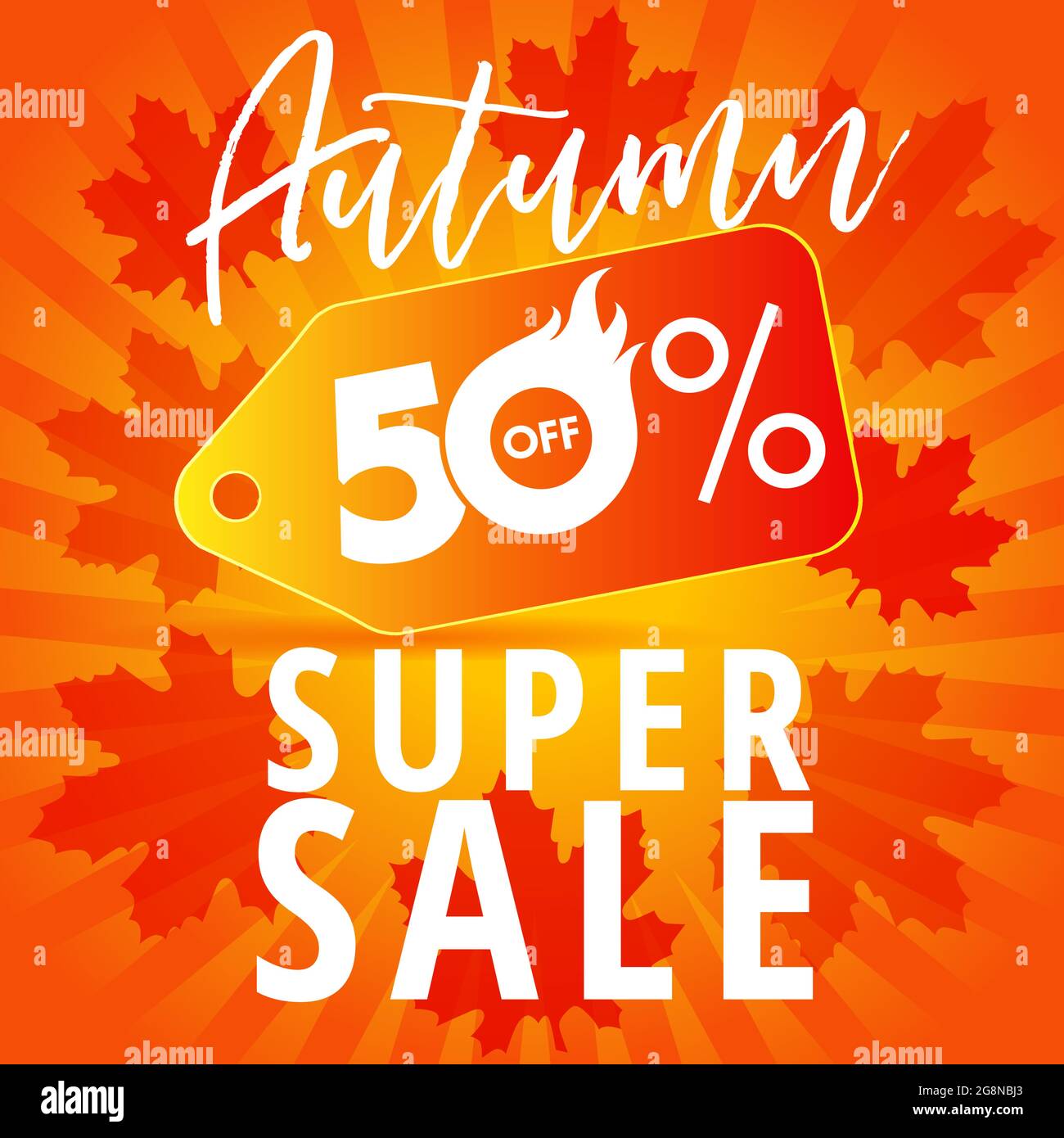 Autumn sale creative golden leaf frame. Seasonal ad poster, red color ...