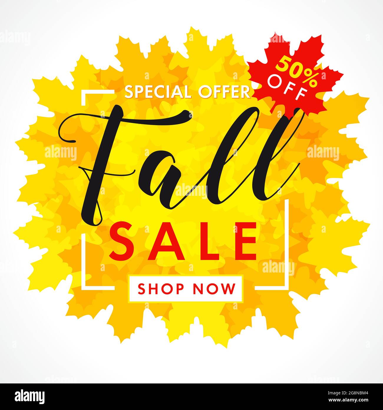 Autumn sale creative golden leaf frame. Seasonal ad poster, red color ...
