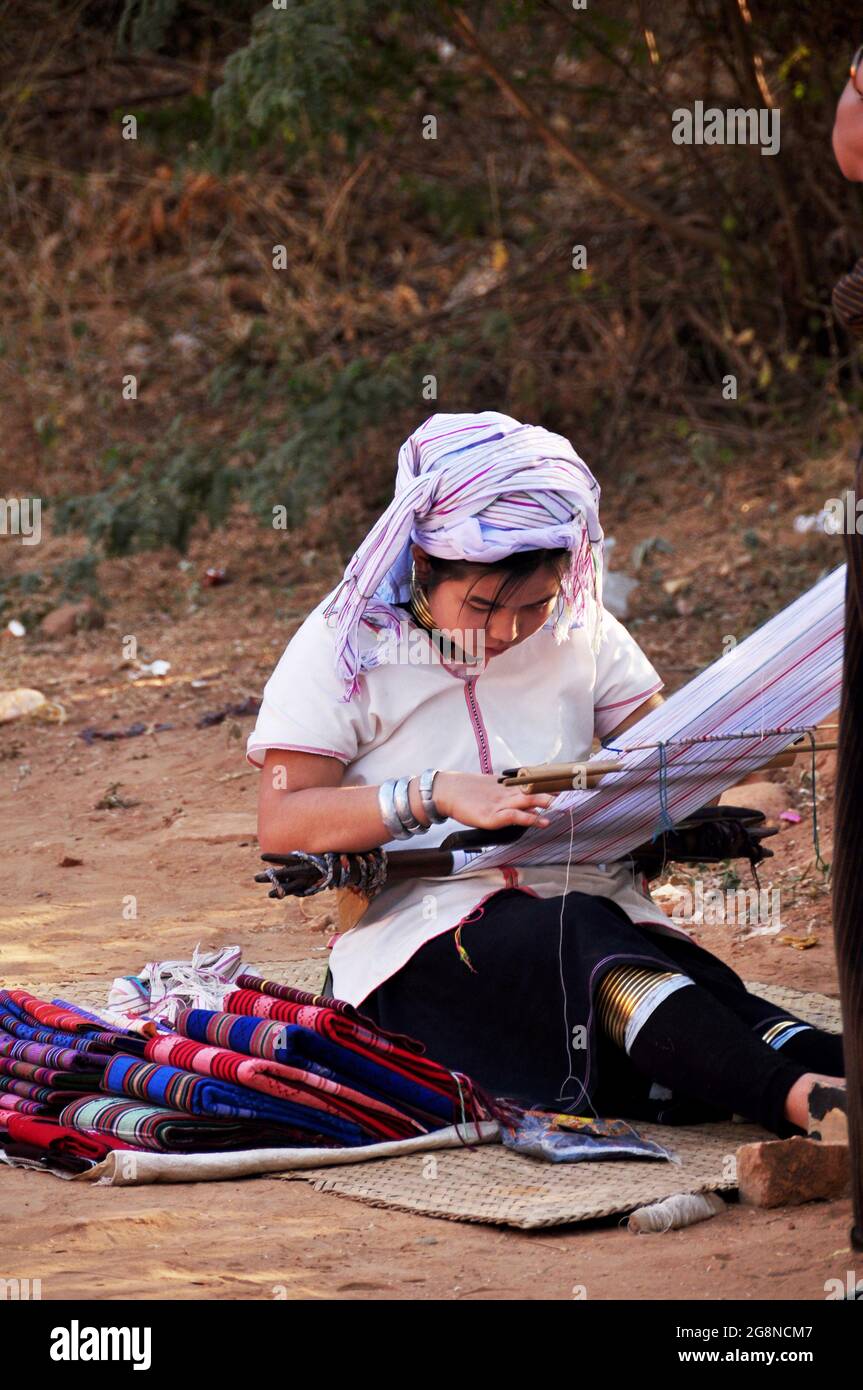 Kayan Lahwi woman ethnic groups of Kayah State of Karen people wear the brass neck rings in Long ...