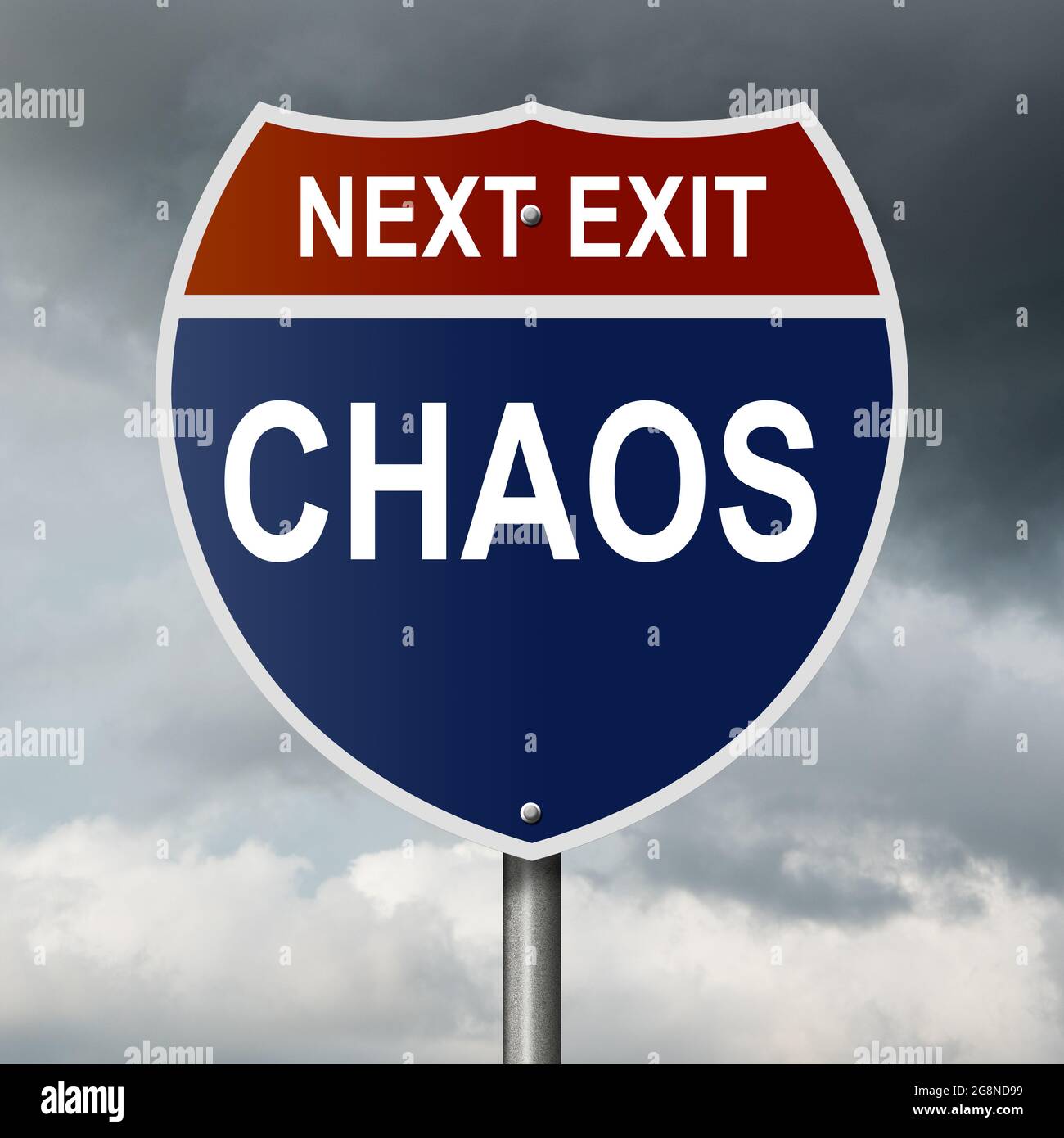 Rendered red, white and blue highway sign in the style of an interstate ...