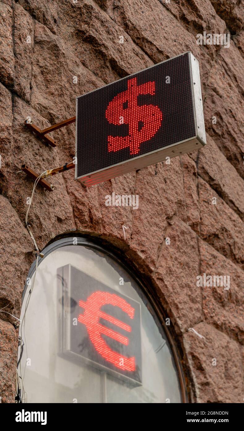 Euro and US dollar signs on tableaux outside historical building in ...