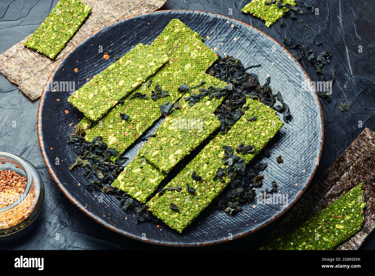 Seafood multi snack from kelp and spirulina. Algae chips. Vegan food ...