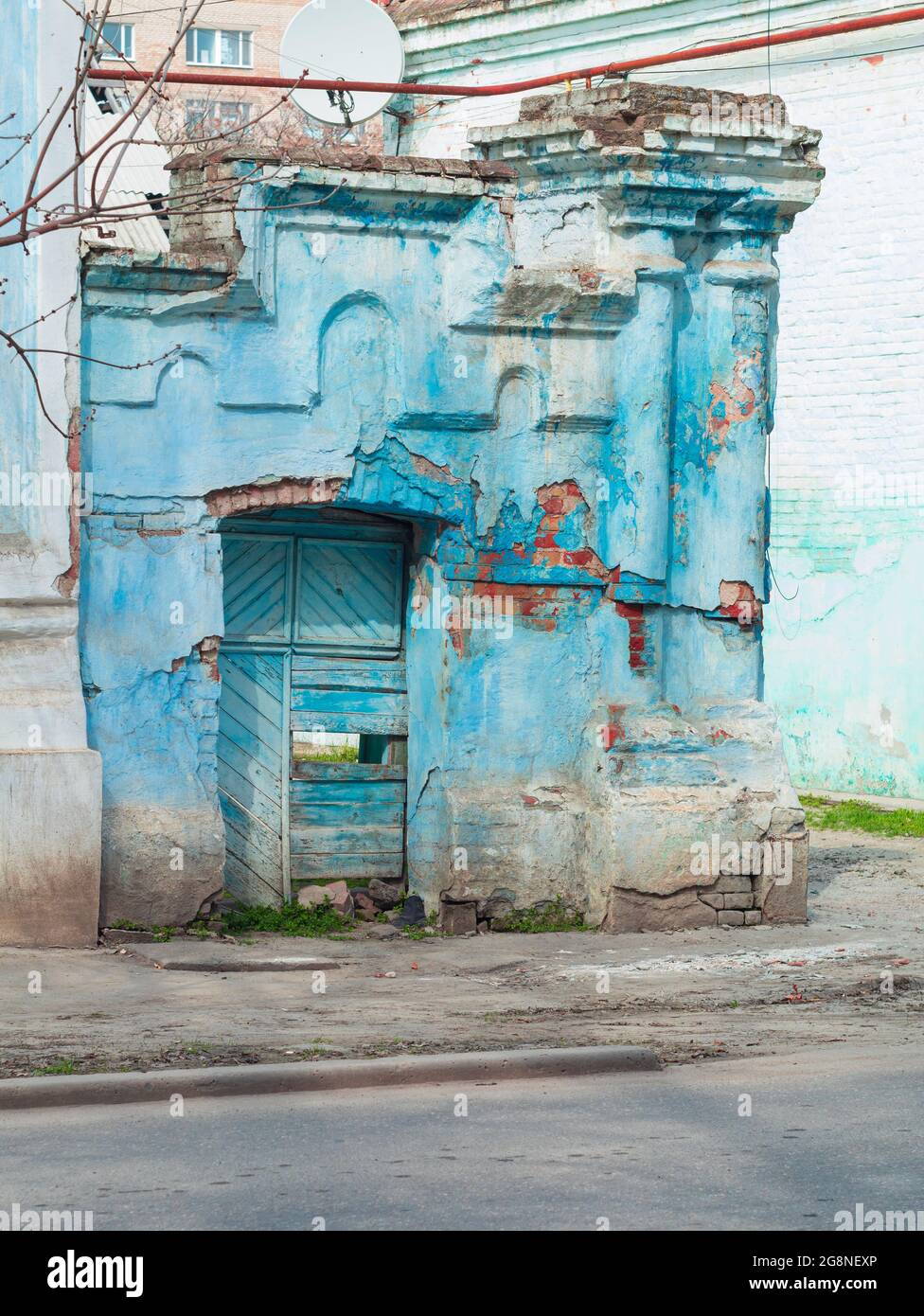 Ancient ruined blue building. Destroyed cyan house. Travel street photo ...