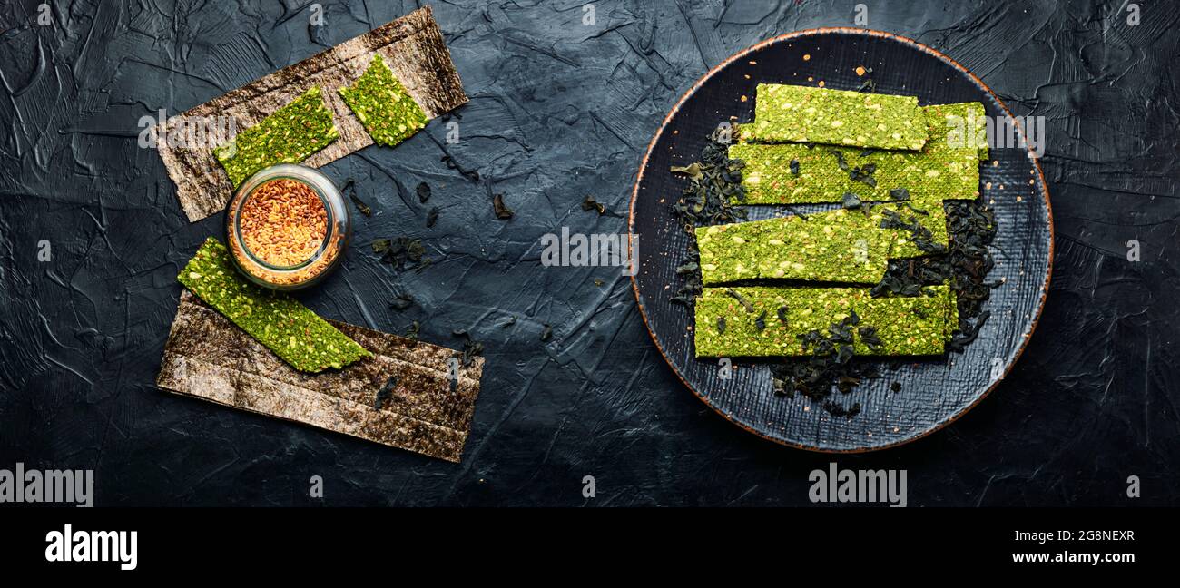 Seafood multi snack from kelp and spirulina. Algae chips. Vegan food ...