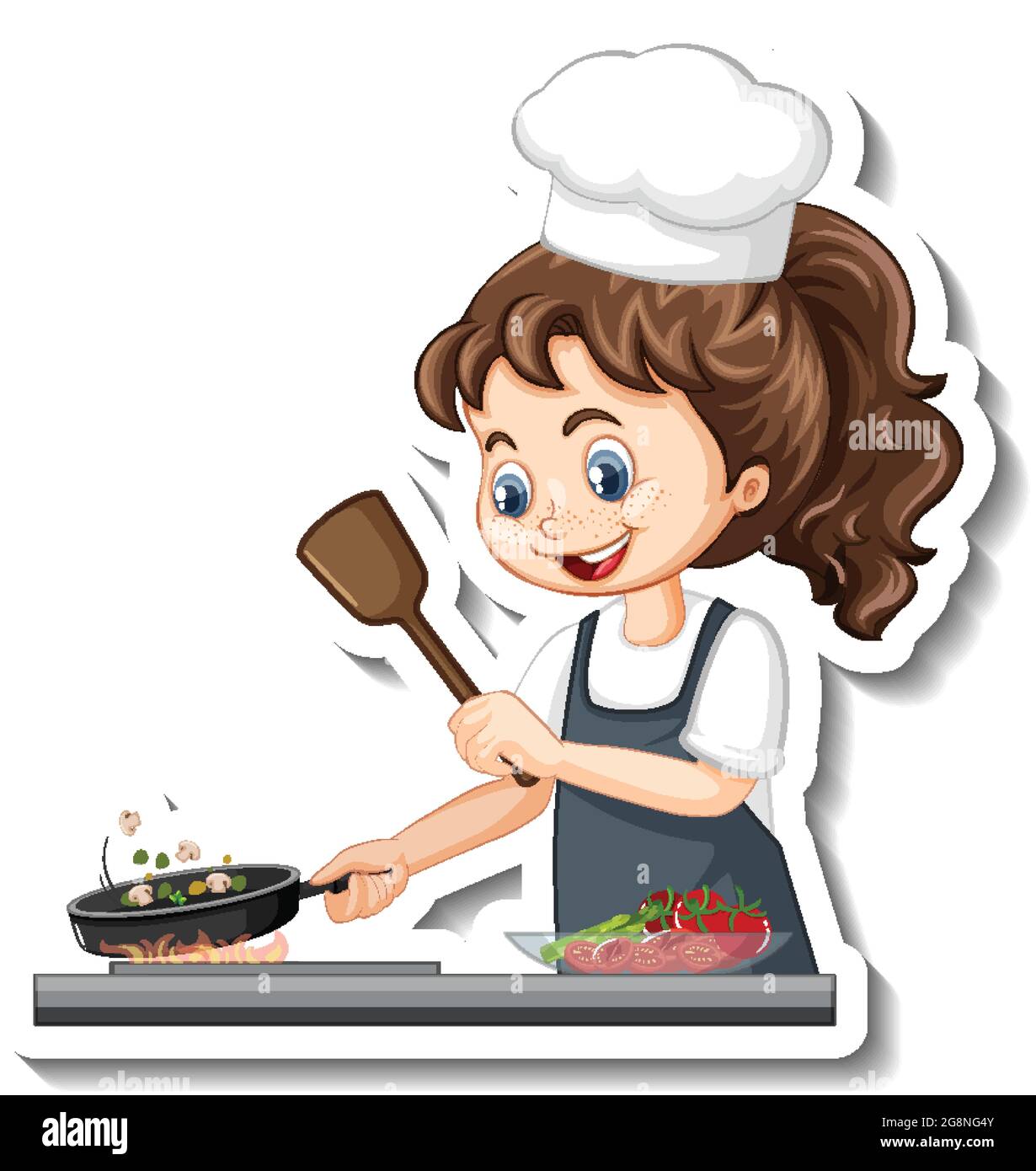 Cartoon character sticker with chef girl cooking illustration Stock ...