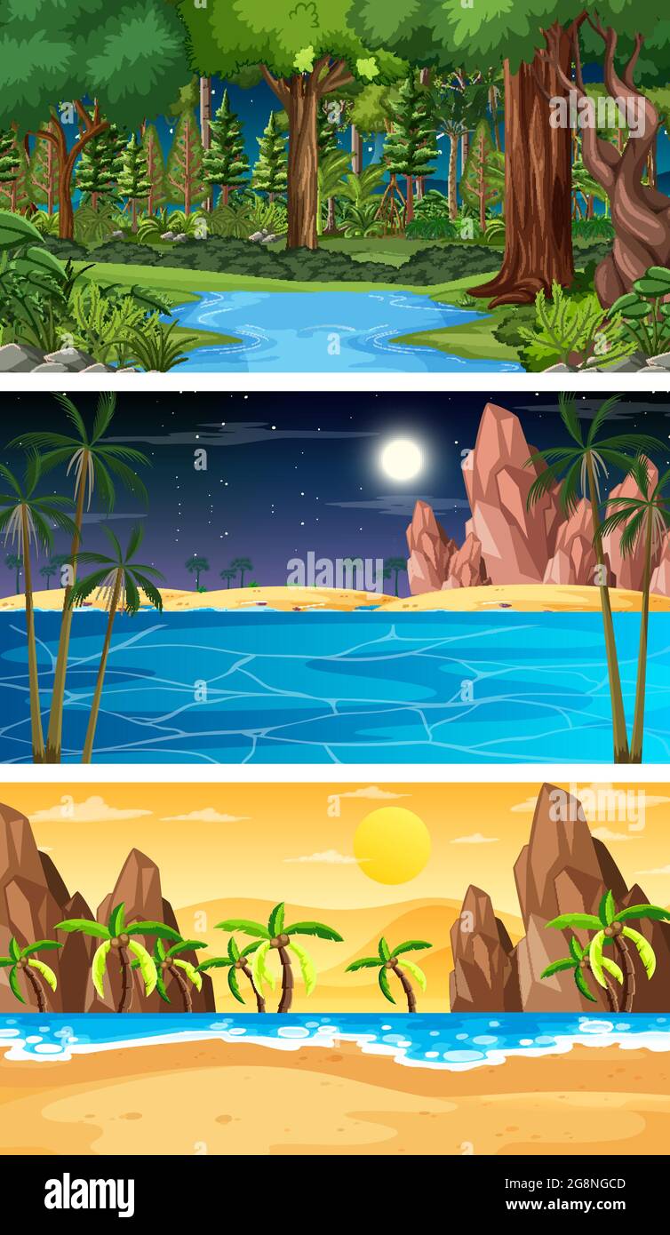 Three different nature horizontal scenes illustration Stock Vector ...