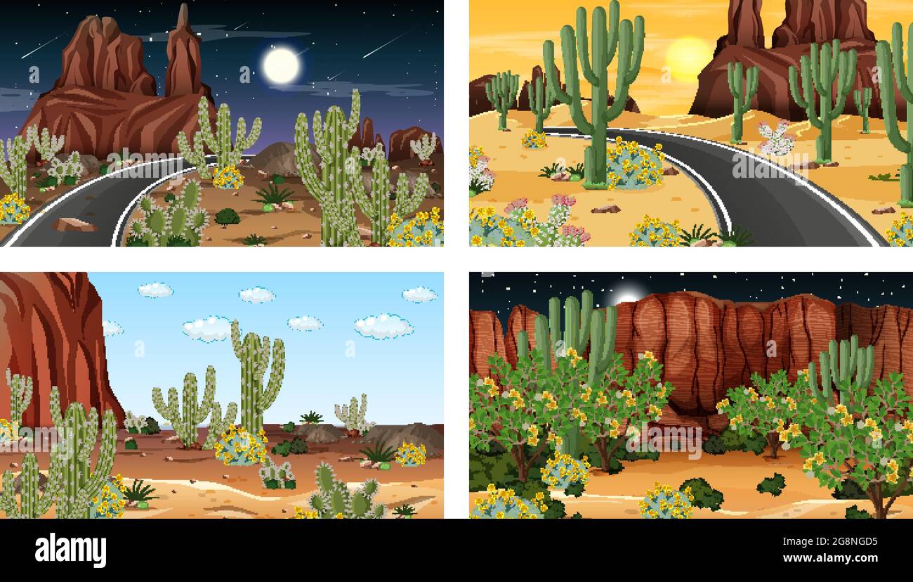 Different scenes with desert forest landscape illustration Stock Vector ...