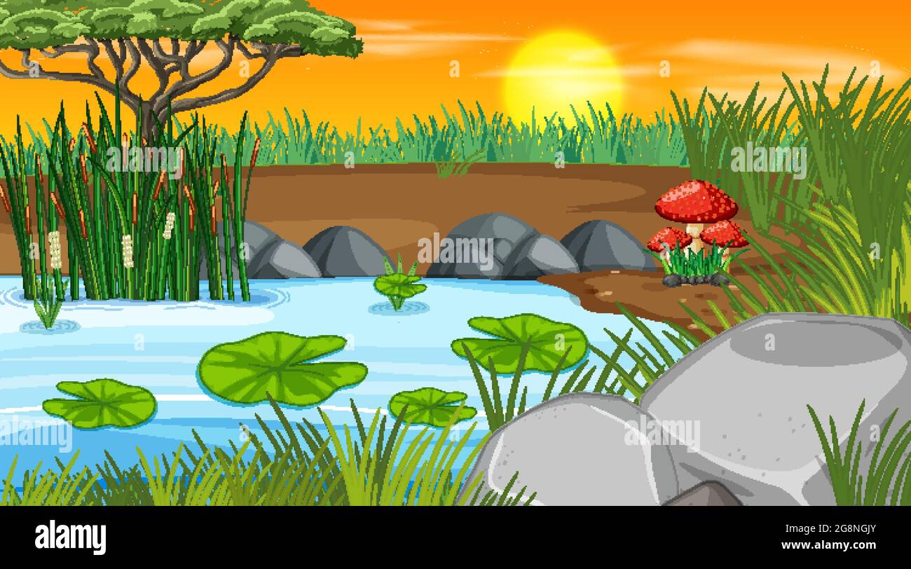 Landscape scene of forest with river and many trees illustration Stock ...