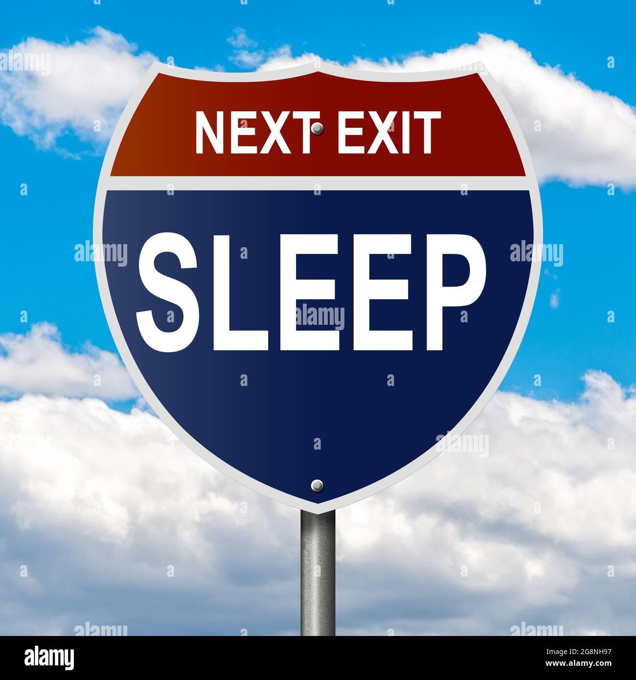 Rendered red, white and blue highway sign in the style of an interstate ...