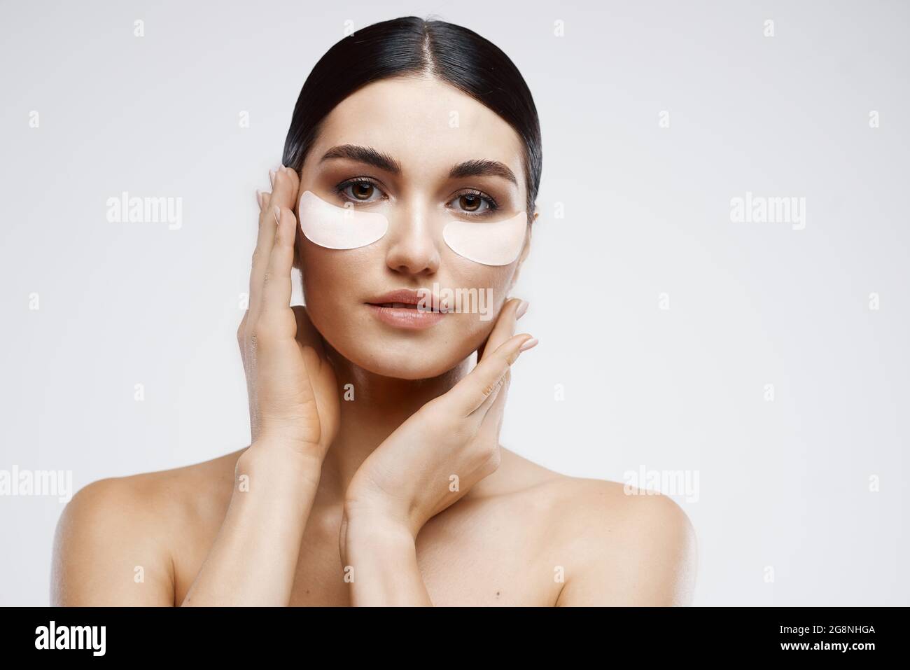 pretty brunette with patches on face skin care wrinkles rejuvenation ...