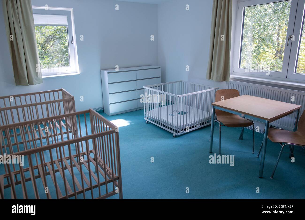 Stralsund, Germany. 20th July, 2021. Two empty cots for small children ...