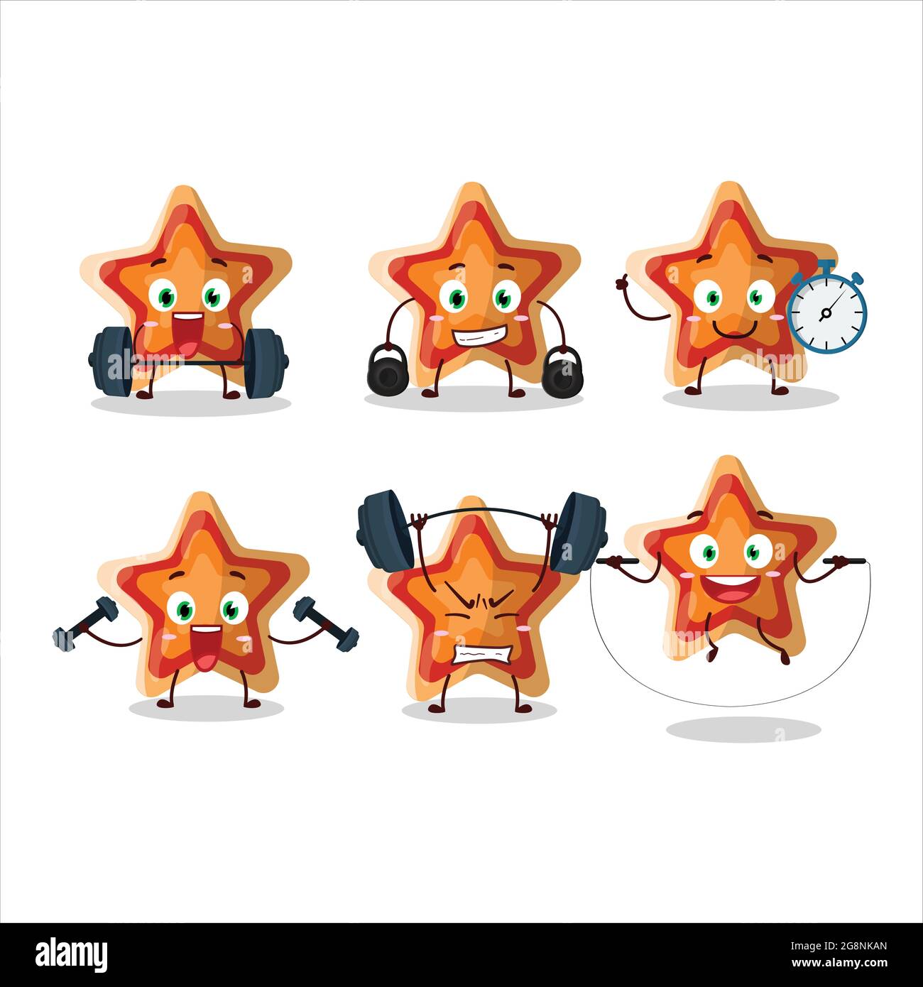 A healthy star icon cartoon style trying some tools on Fitness center ...