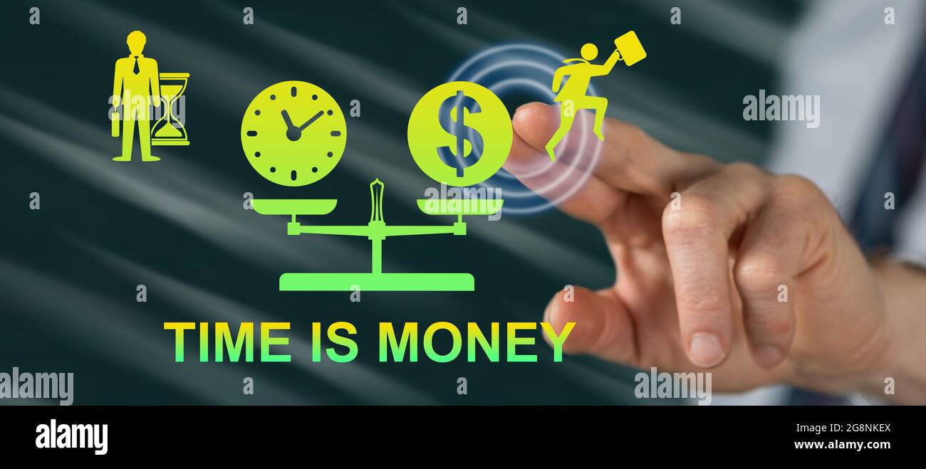Man touching a time is money concept on a touch screen with his finger ...