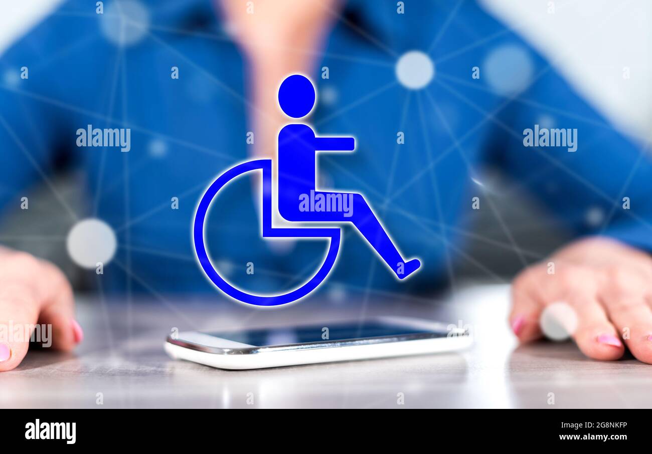 Smartphone with disability insurance concept between hands of a woman ...