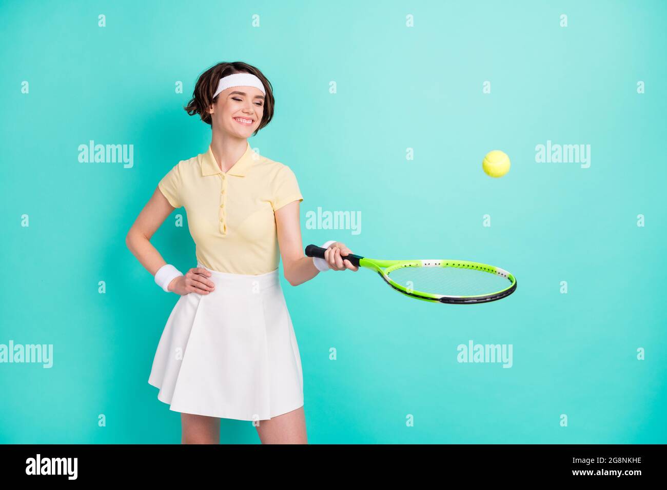 Photo of attractive charming young lady match champion tennis racket ...