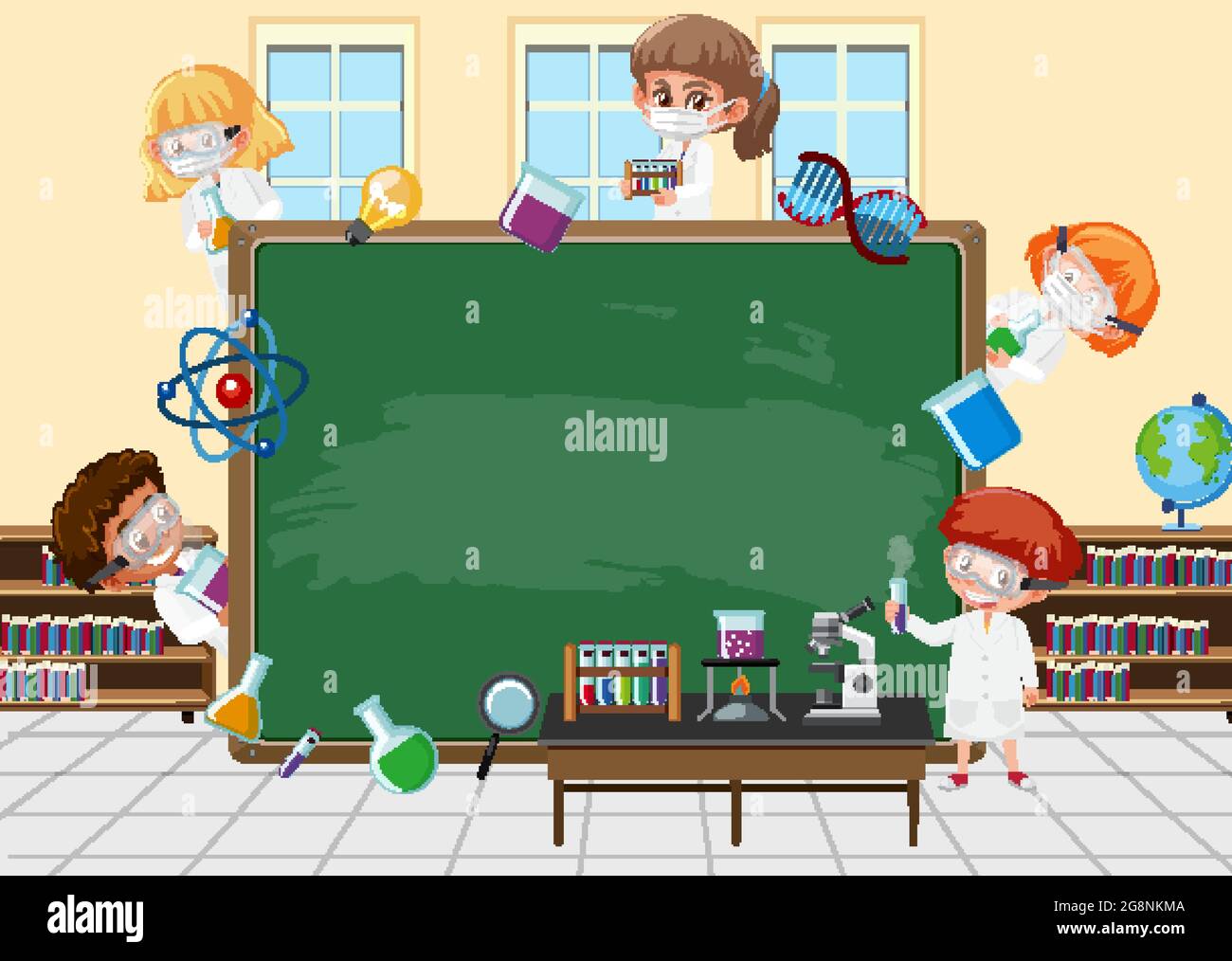 Empty blackboard with scientist kids cartoon character illustration ...
