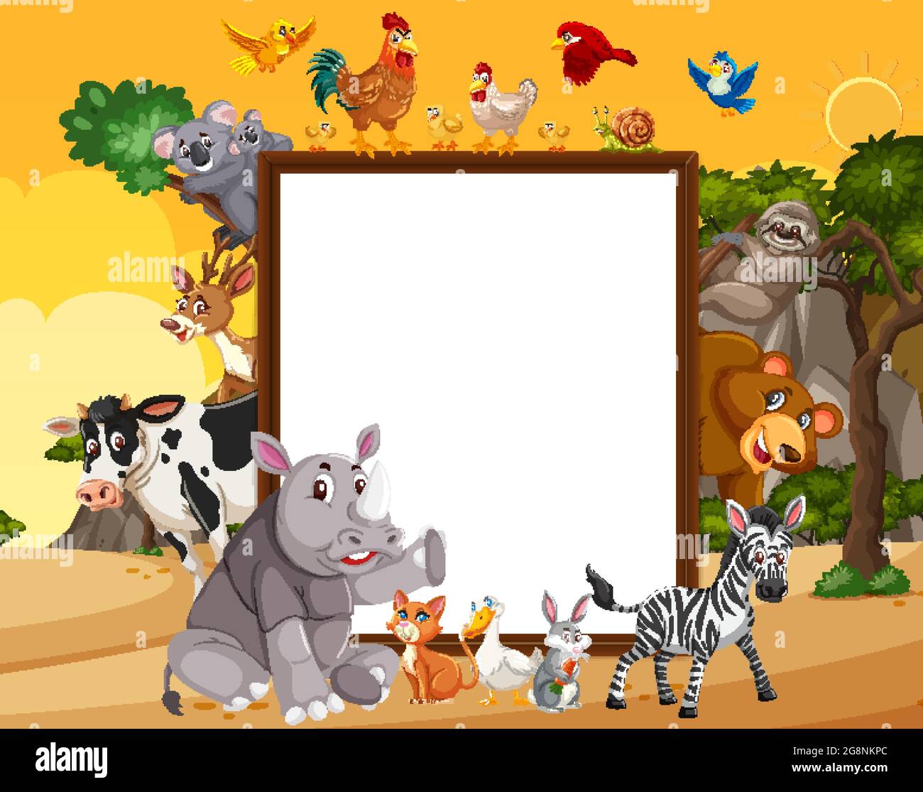 Empty wooden frame with various wild animals in the forest illustration ...