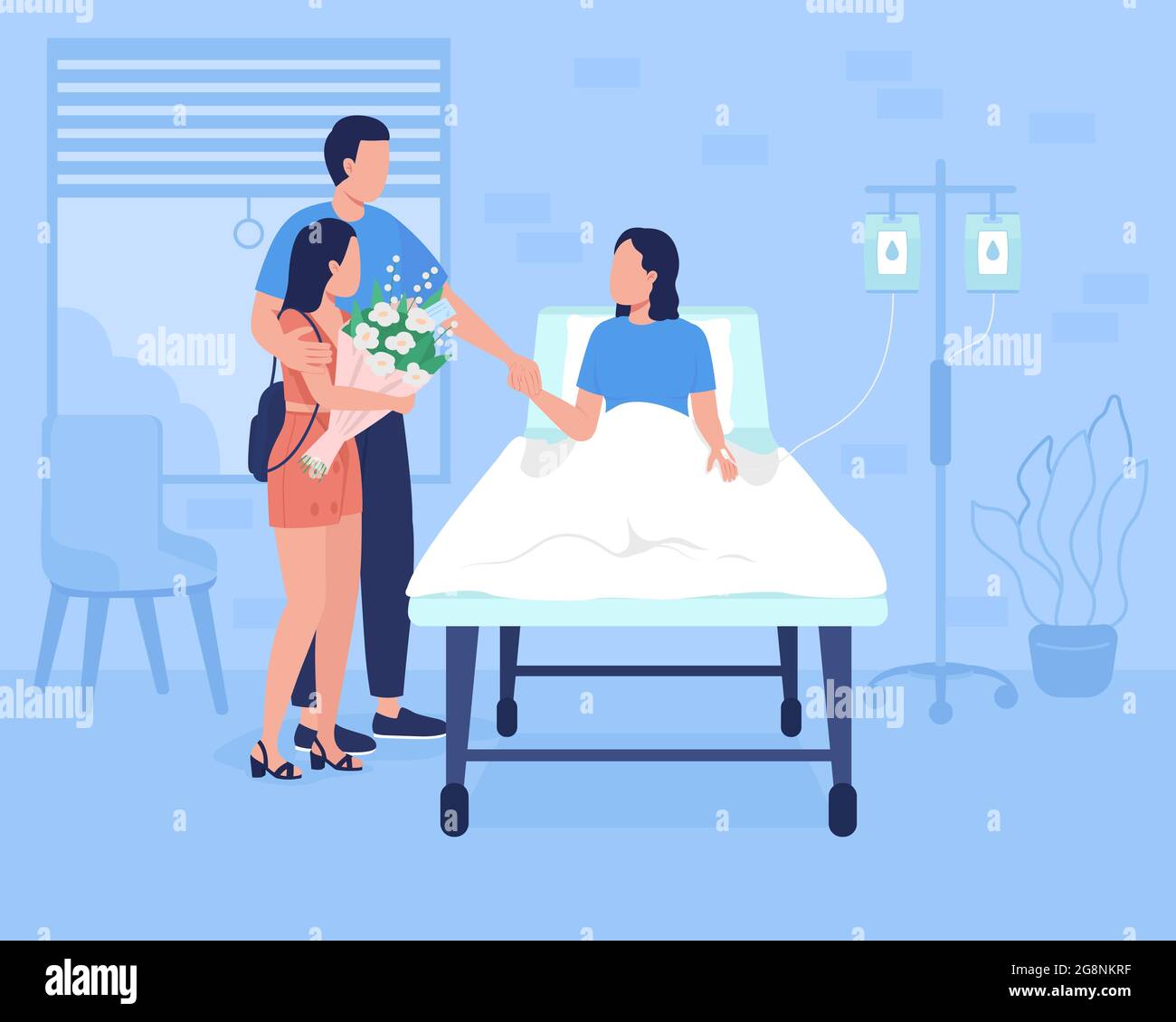 Family support for hospitalized patient flat color vector illustration ...