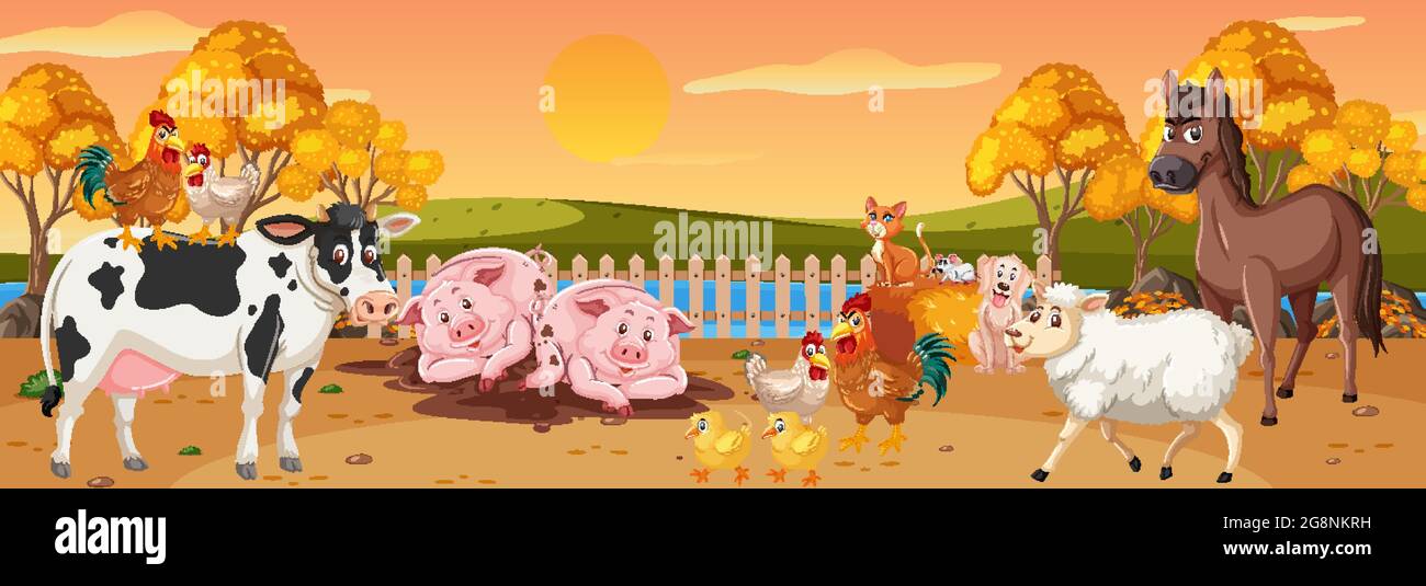 Panorama landscape scene with various farm animals in the farm ...
