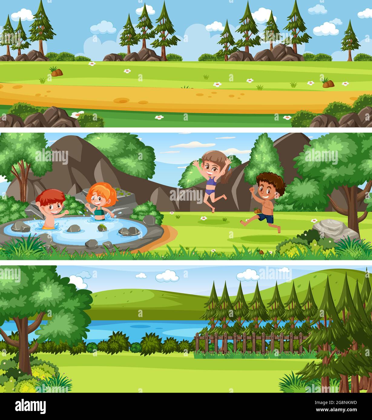 Different nature landscape at daytime scene with cartoon character ...