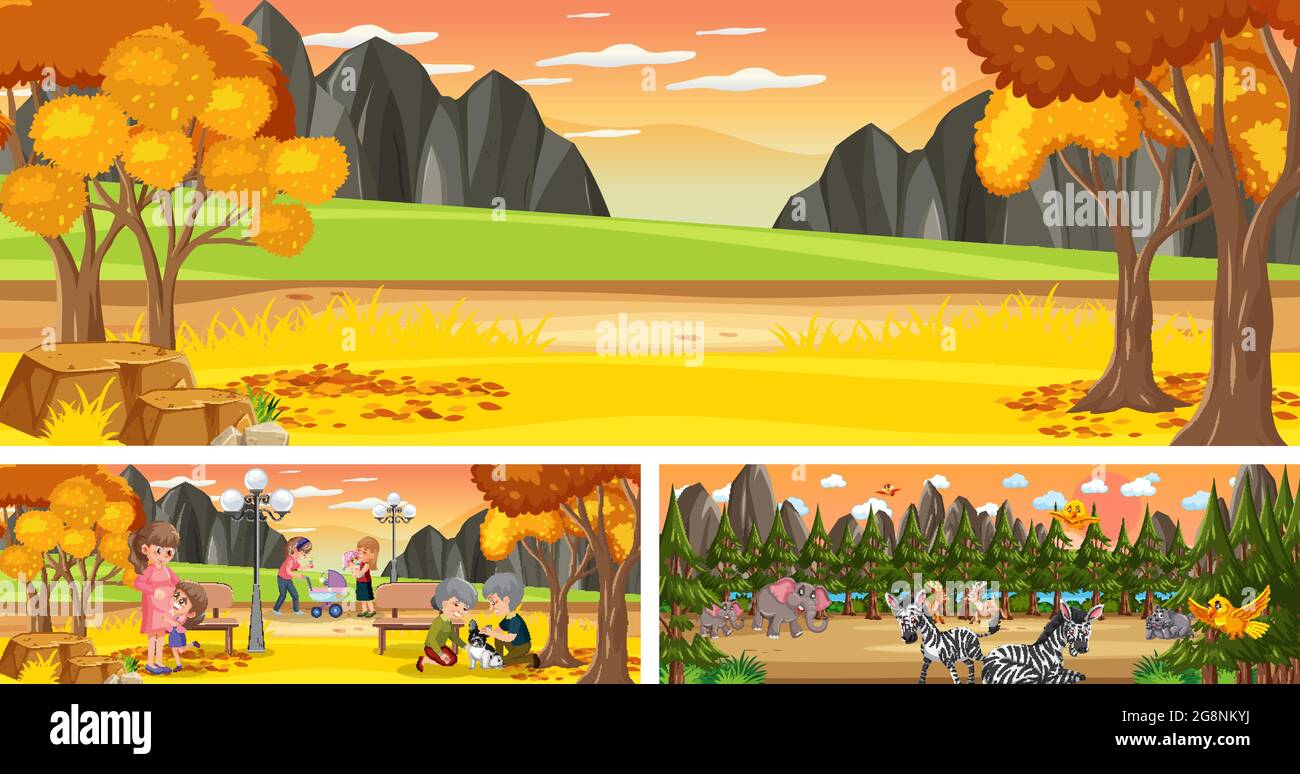 Set of different outdoor landscape scenes with cartoon character ...