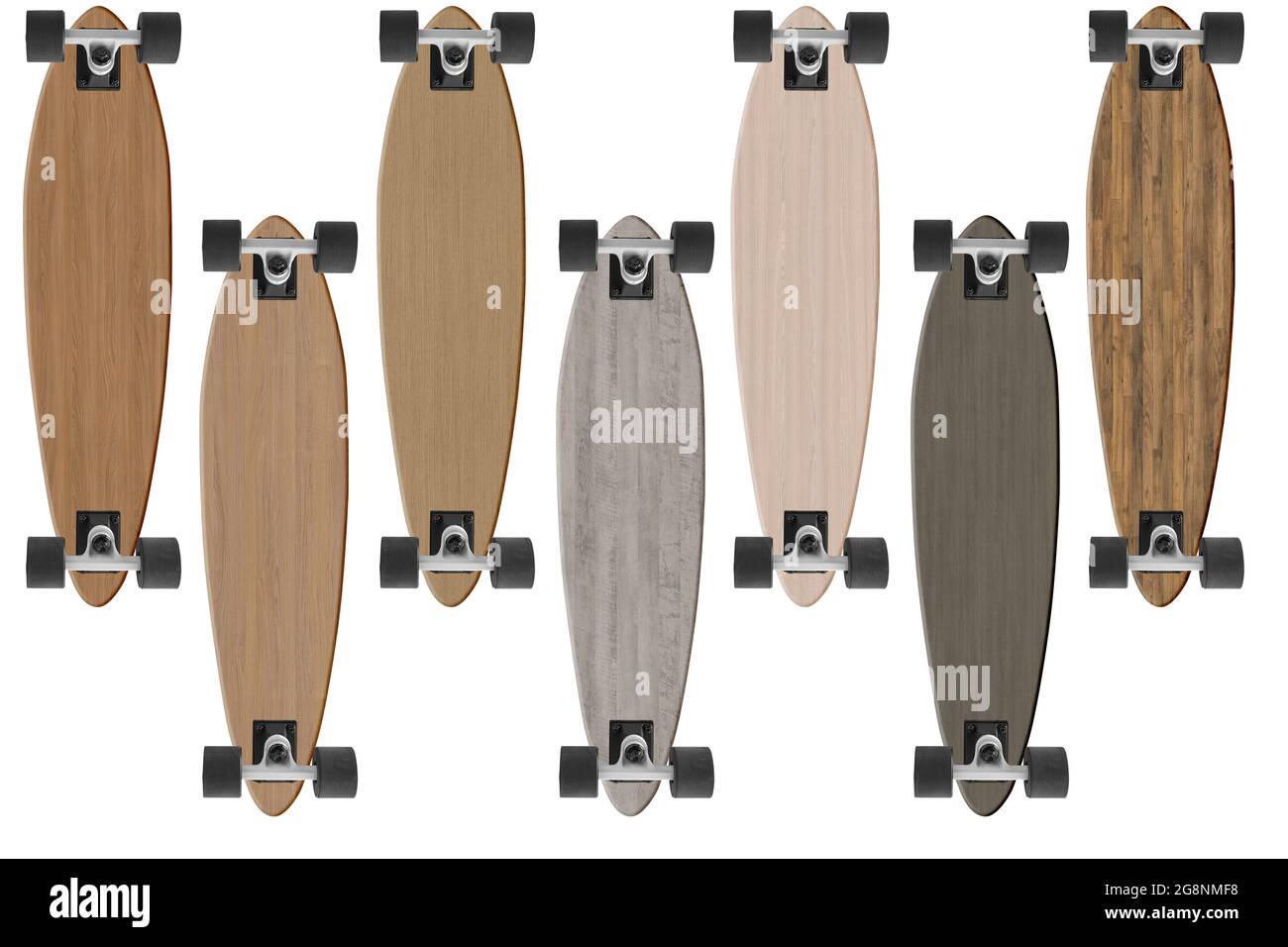 Collection of seven longboard with different wooden texture isolated on ...