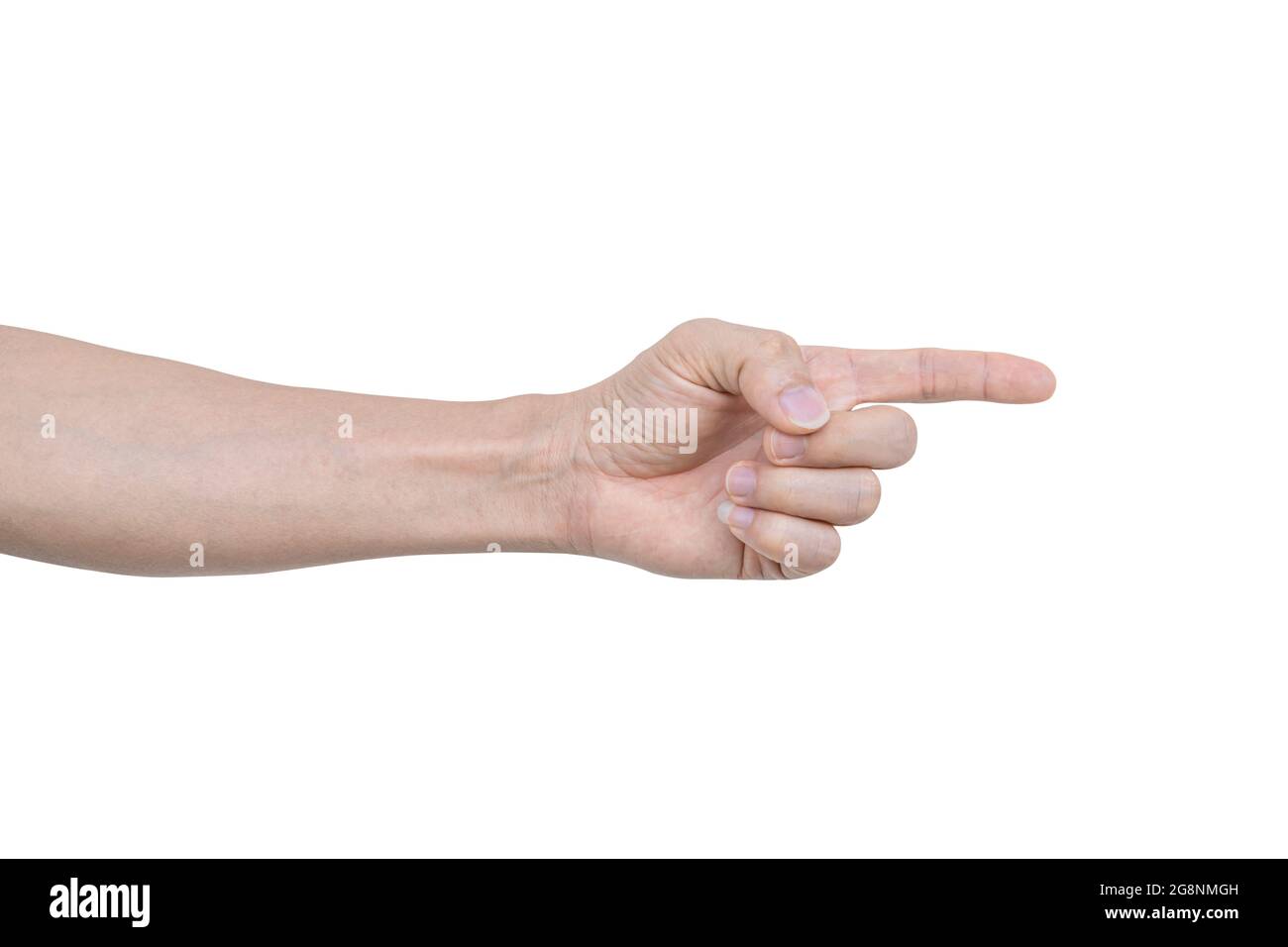 Closeup of male hand pointing, Isolated on white background with ...