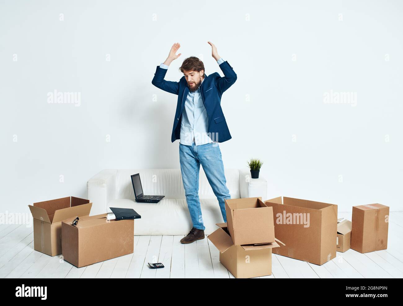 business man office moving new place of work unpacking official Stock ...