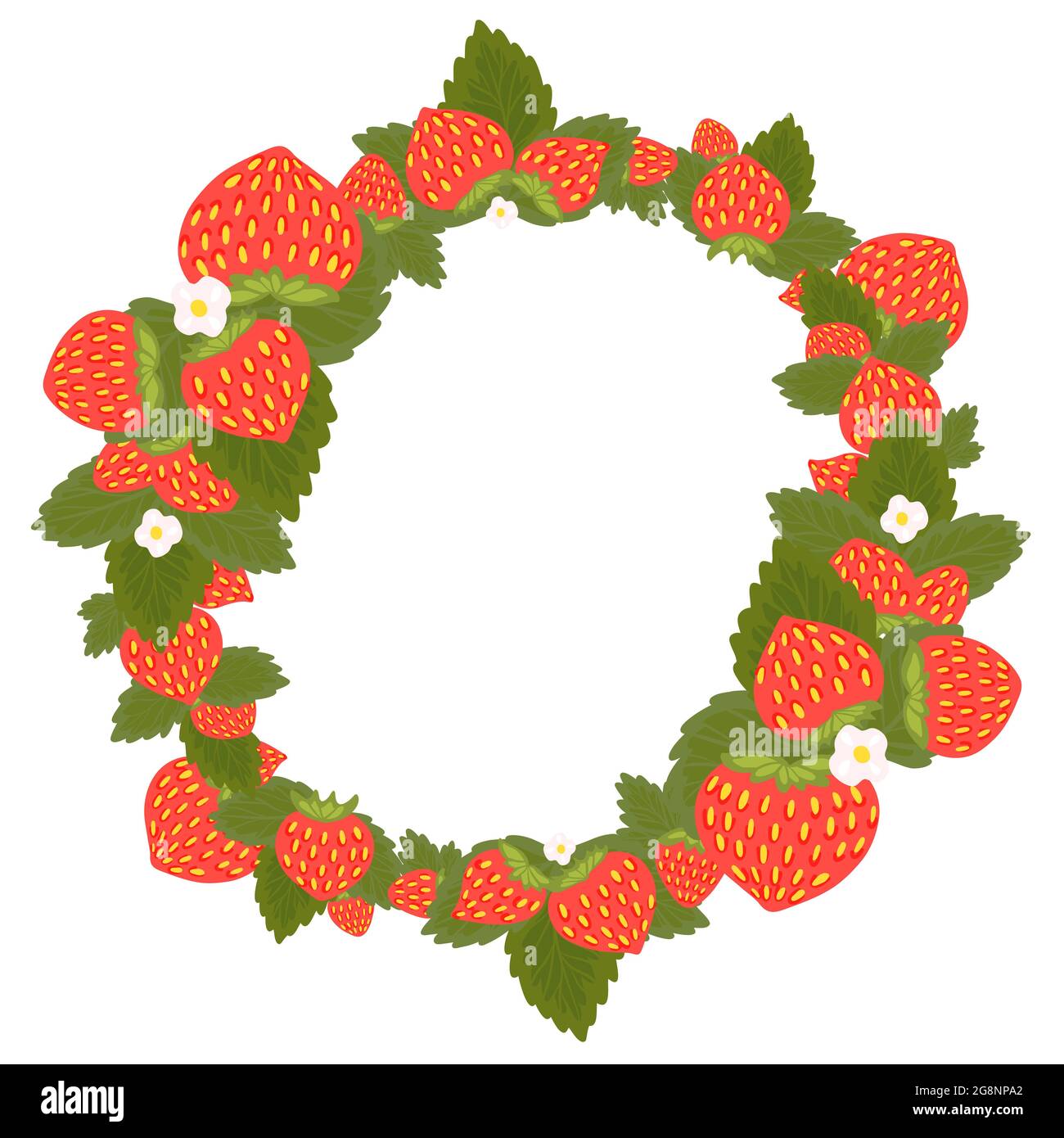 Round frame with strawberries, foliage, flowers and place for text ...