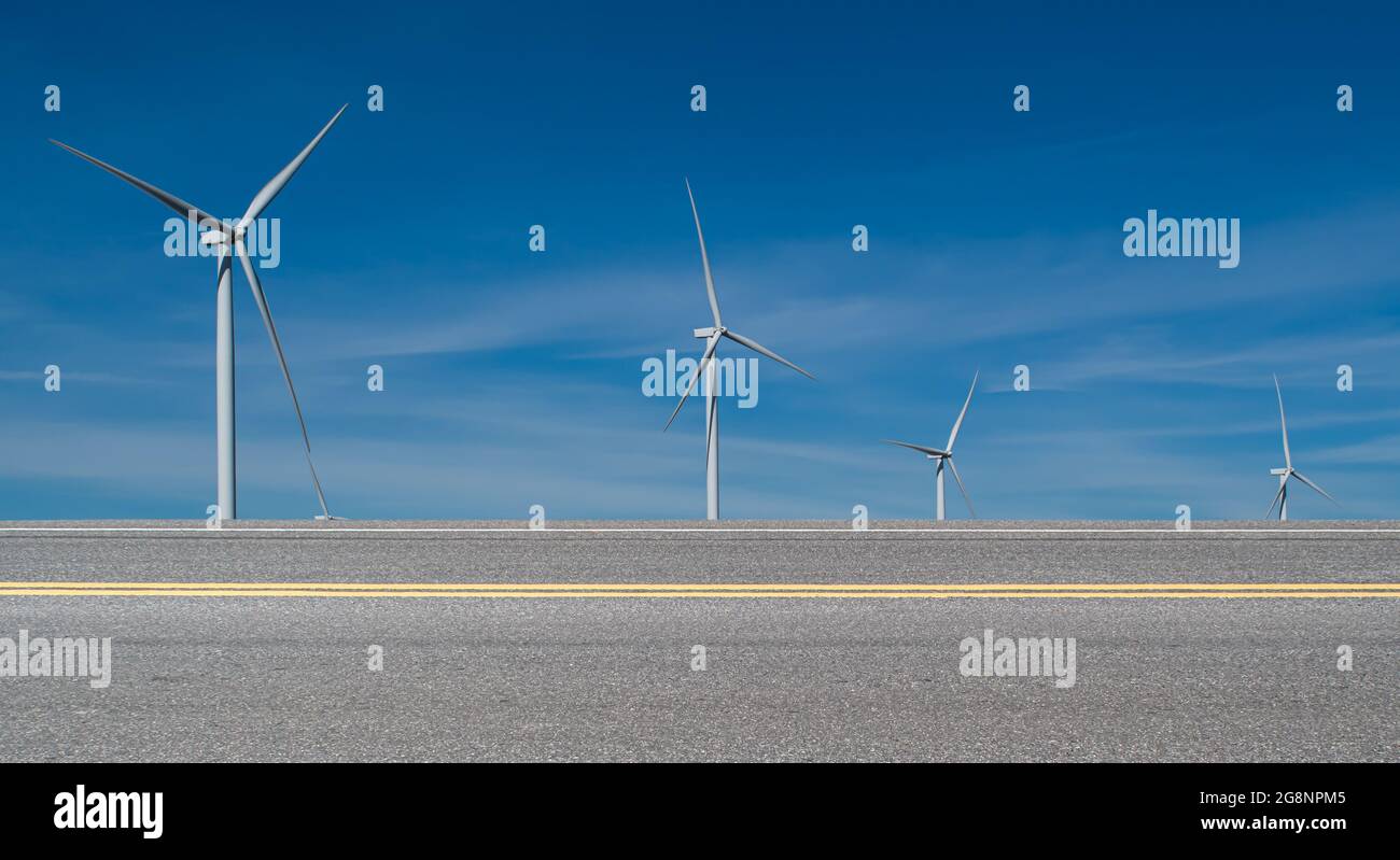 Empty asphalt road and wind turbines with blue sky background Stock ...