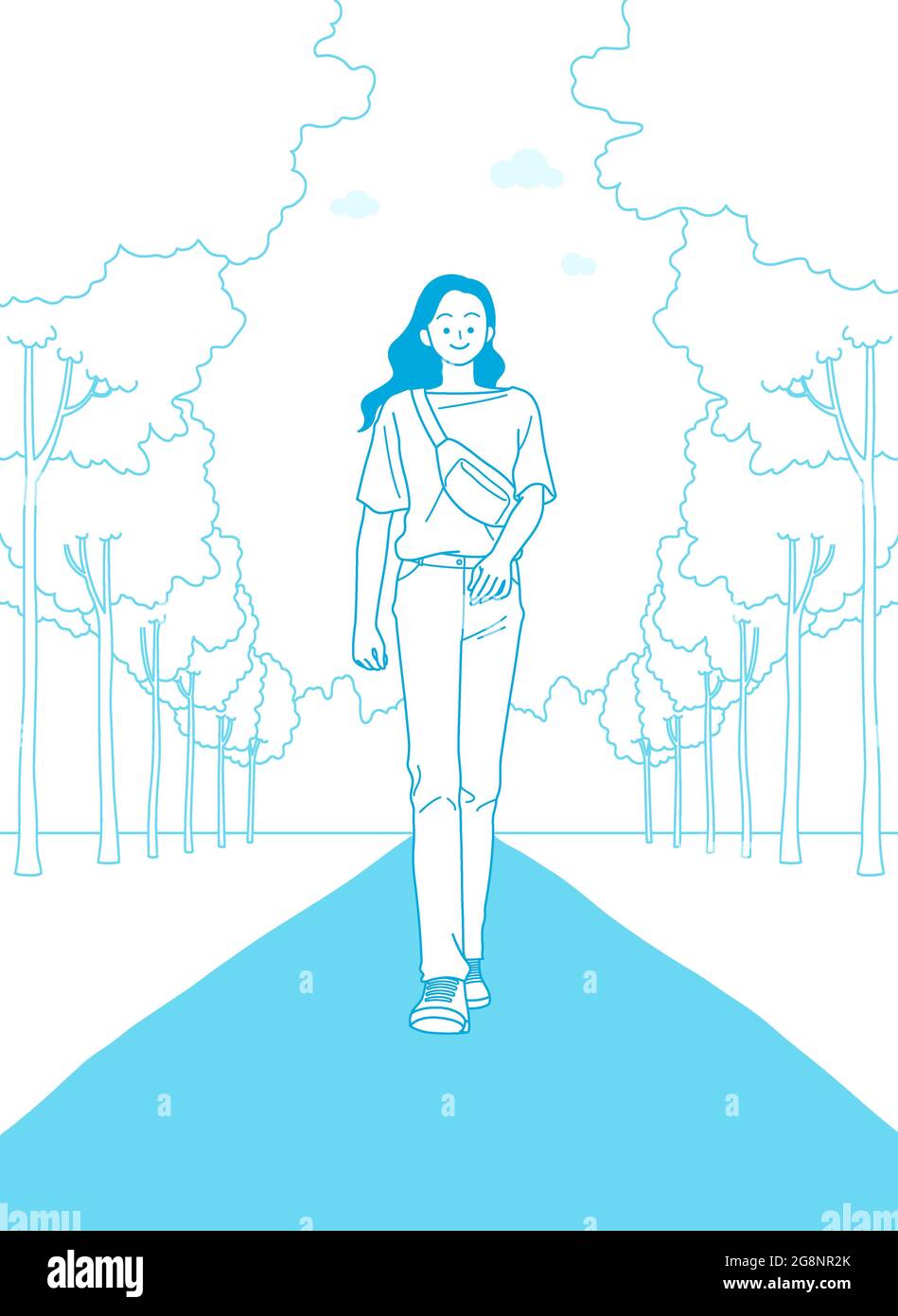 line drawing of woman walking in park Stock Photo - Alamy