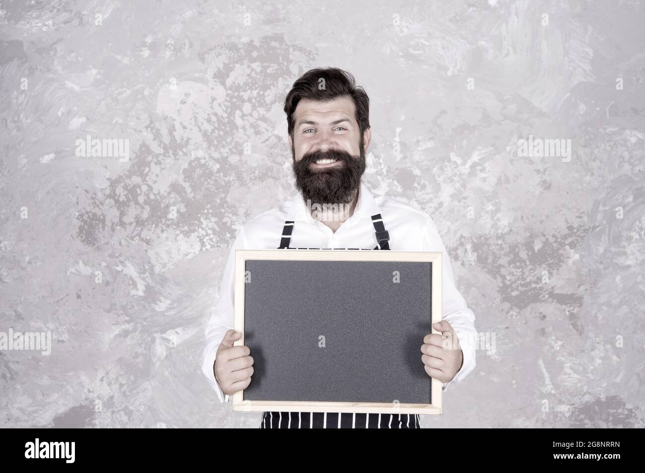 chef baker menu. cheerful hospitable restaurant waiter with chalkboard ...