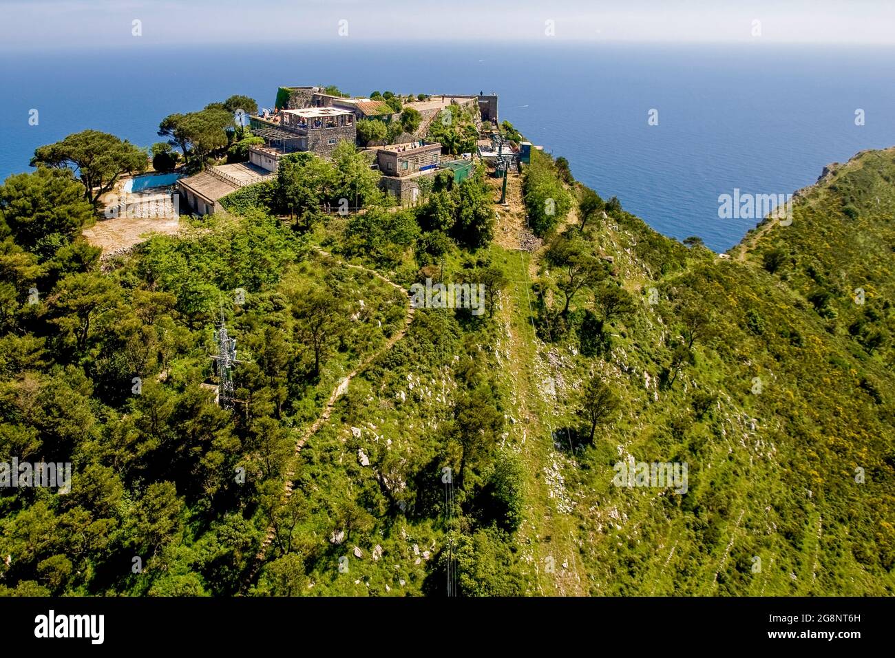 Aerial view of Mountain Solaro lift chair, Capri island, Campania ...