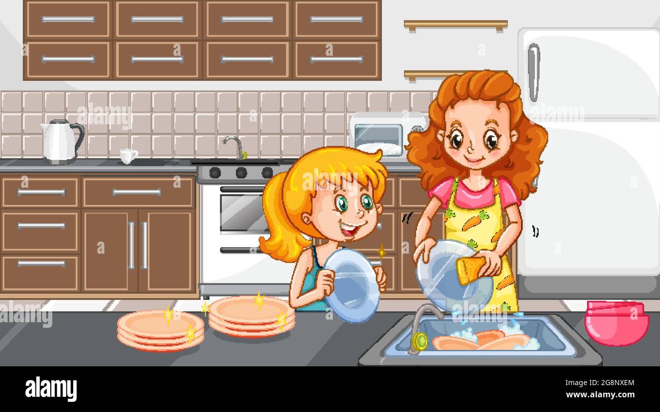 Mother And Daughter Washing Dishes In The Kitchen Scene Illustration