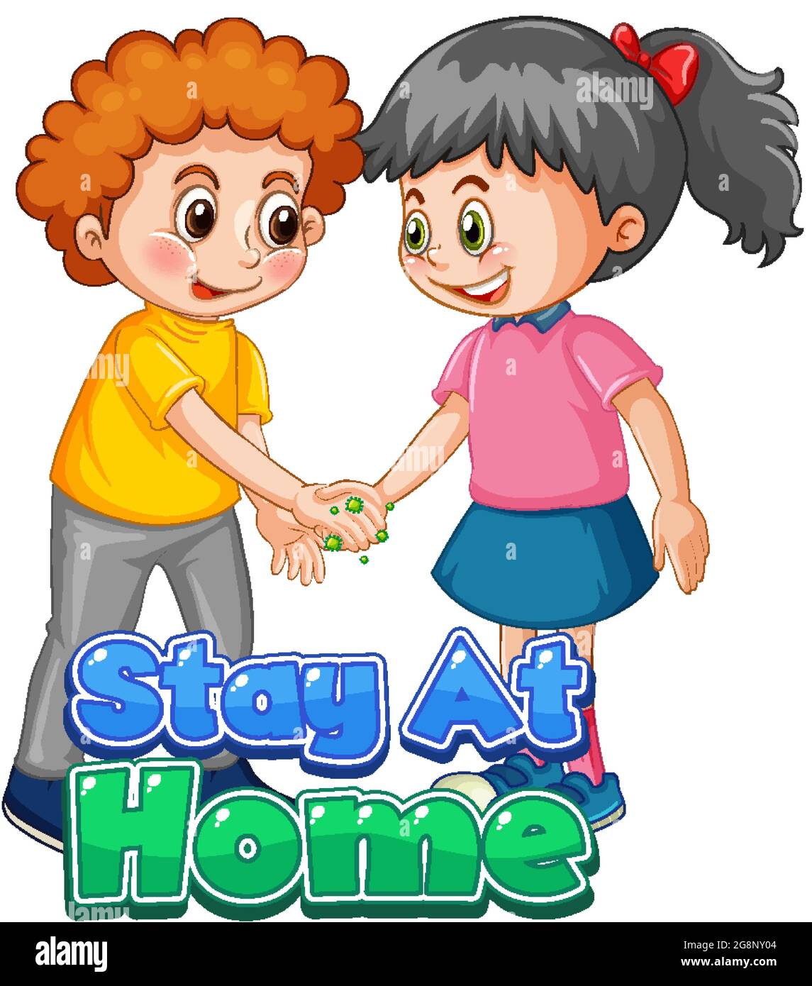 Stay At Home font in cartoon style with two kids do not keep social ...