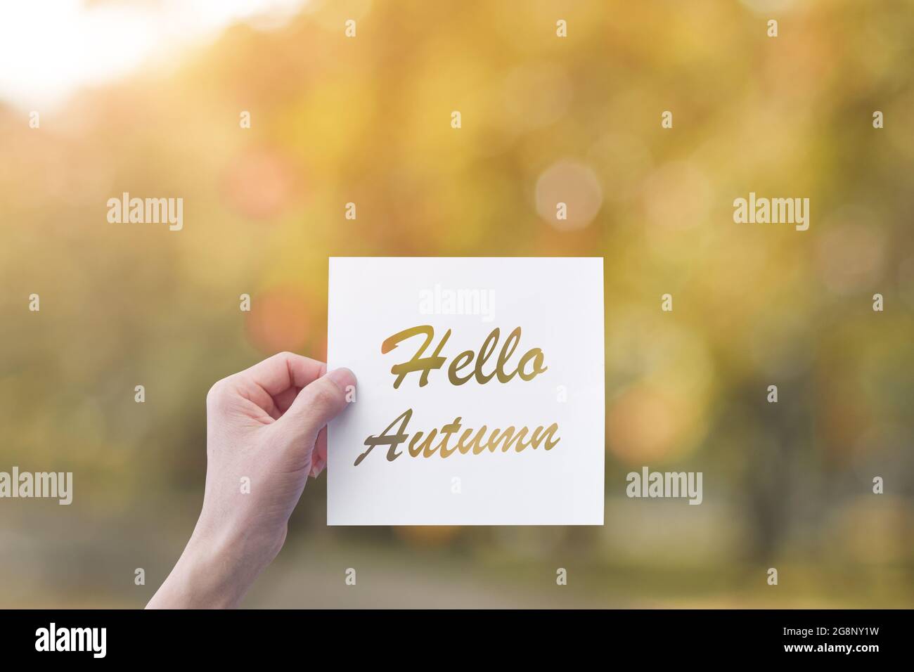 Hand holding paper with Hello Autumn text over blur nature background ...