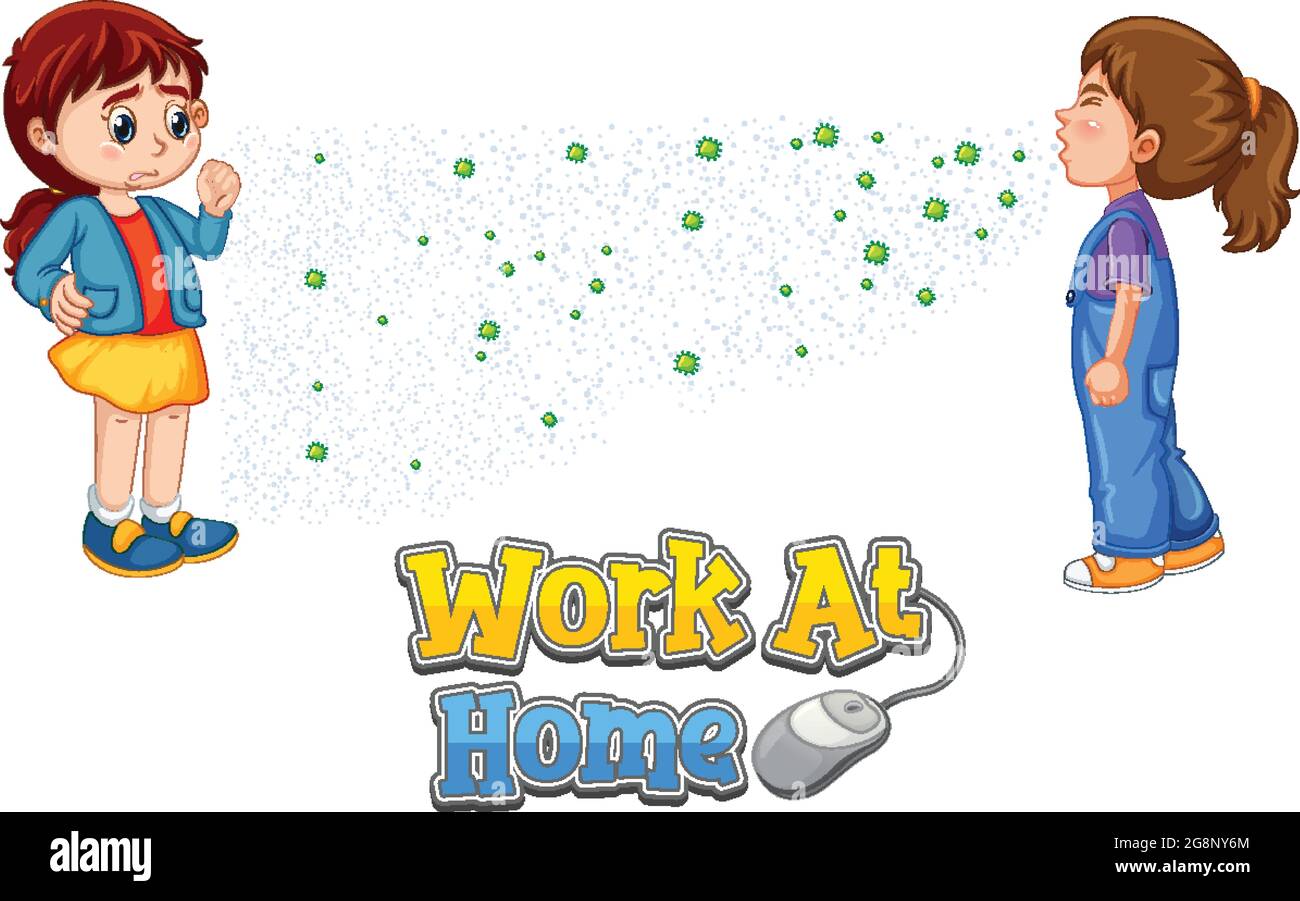 Work At Home font in cartoon style with a girl look at her friend ...