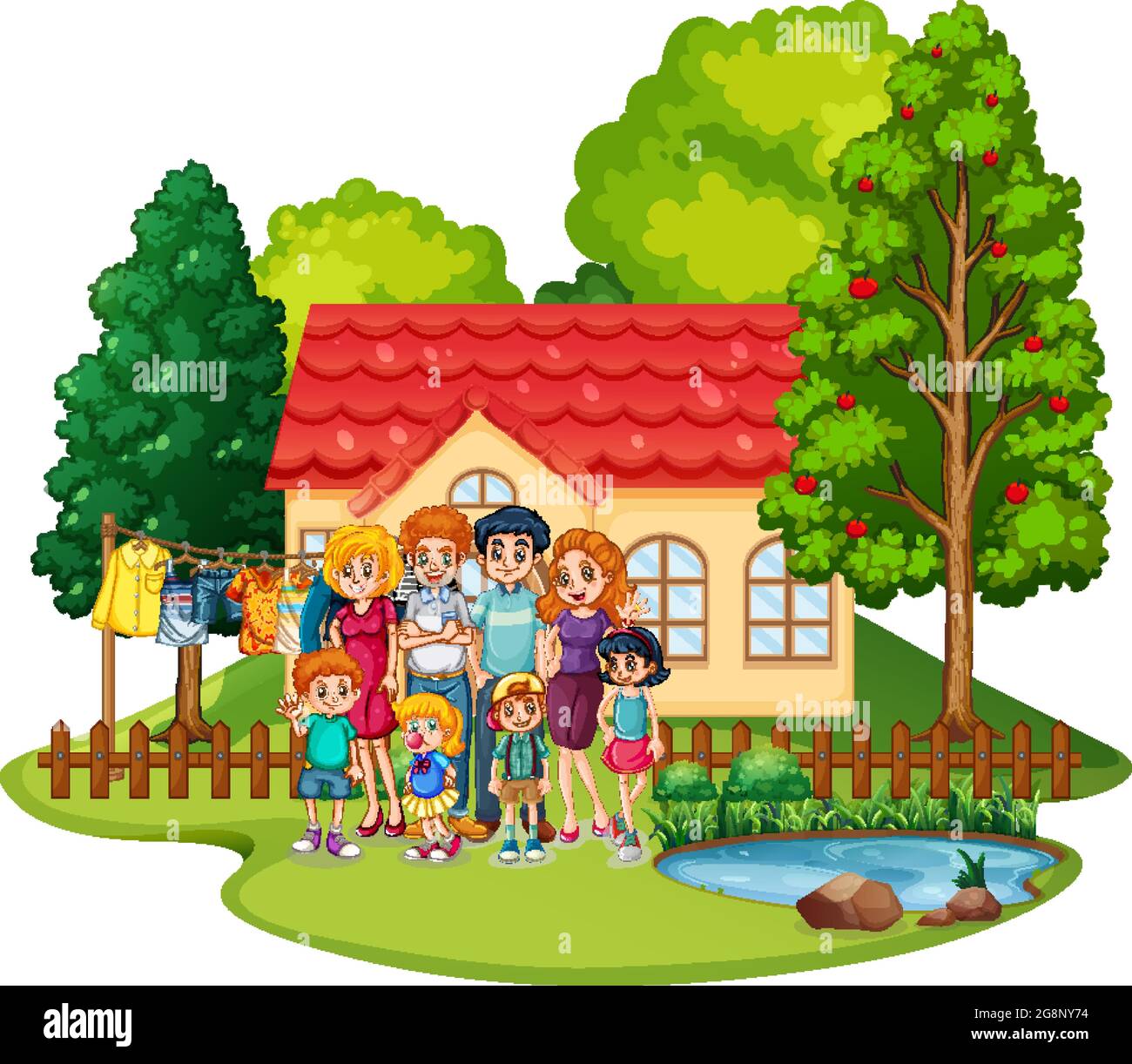Happy family standing outside home isolated illustration Stock Vector ...