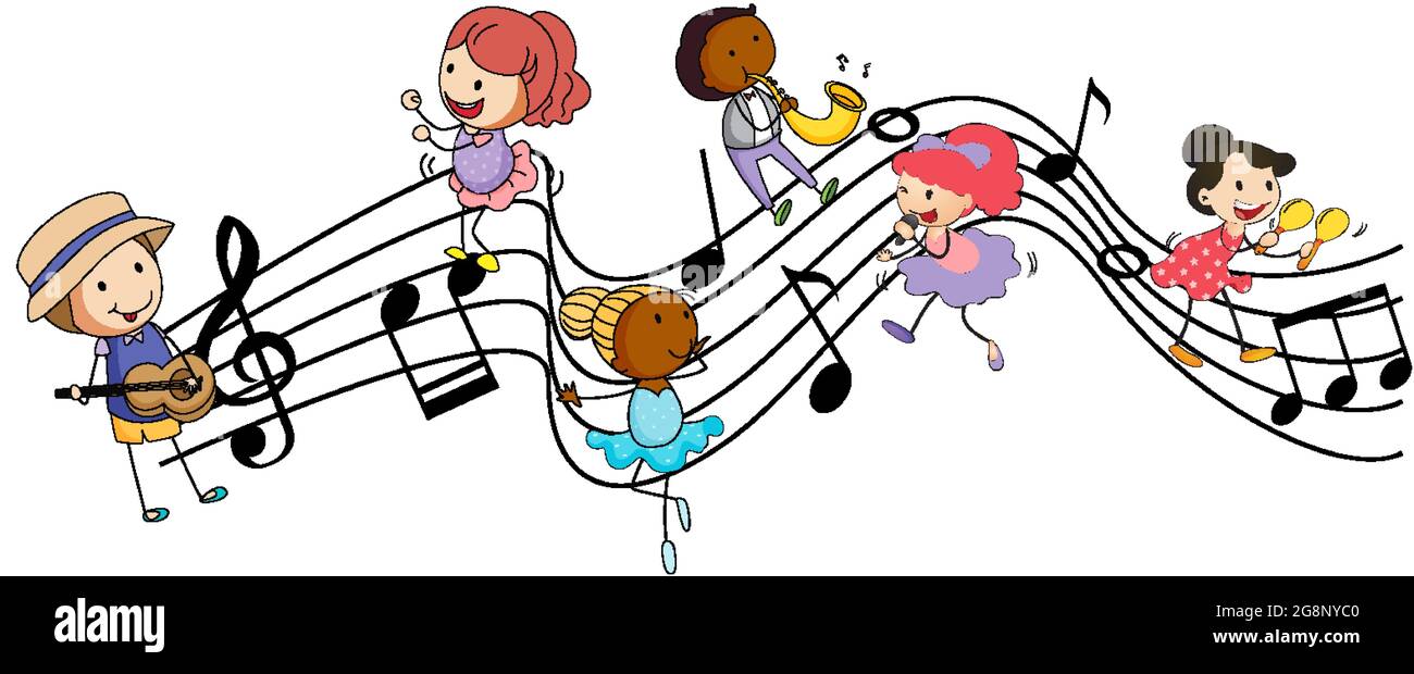 Musical melody symbols with many doodle kids cartoon character ...