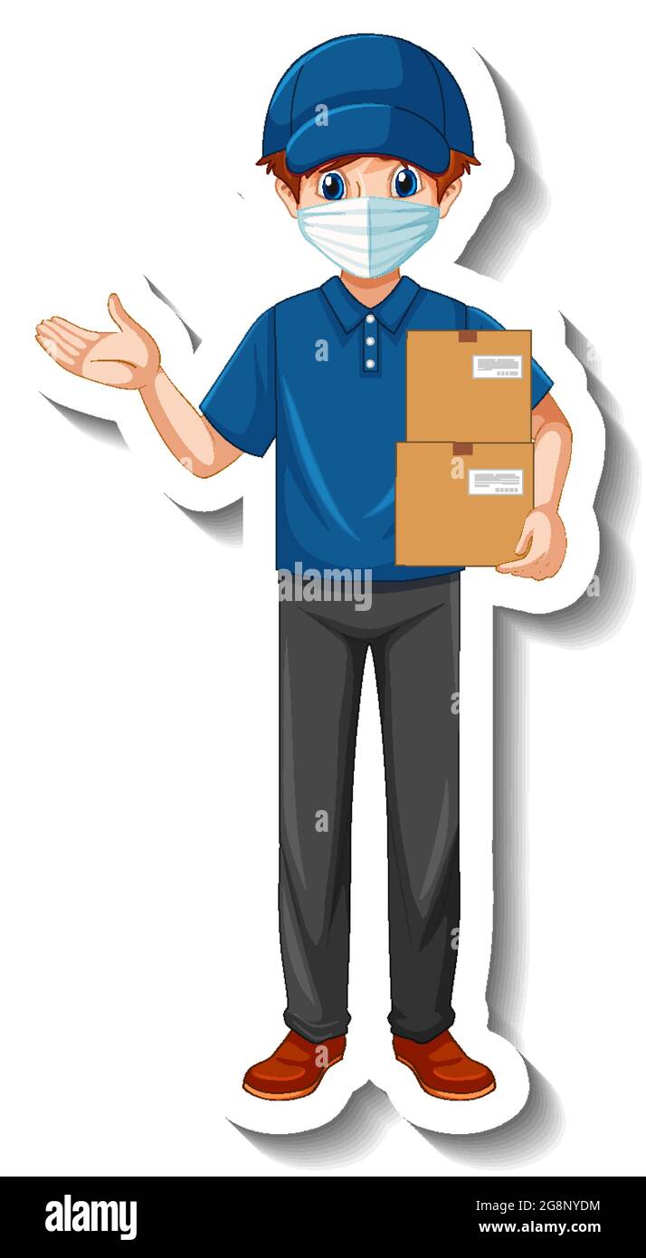 A sticker template with delivery man in uniform holding boxes ...