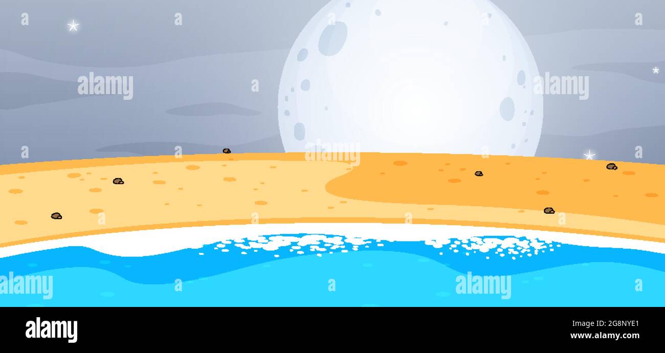 Empty beach scene at night with the big moon in simple style ...