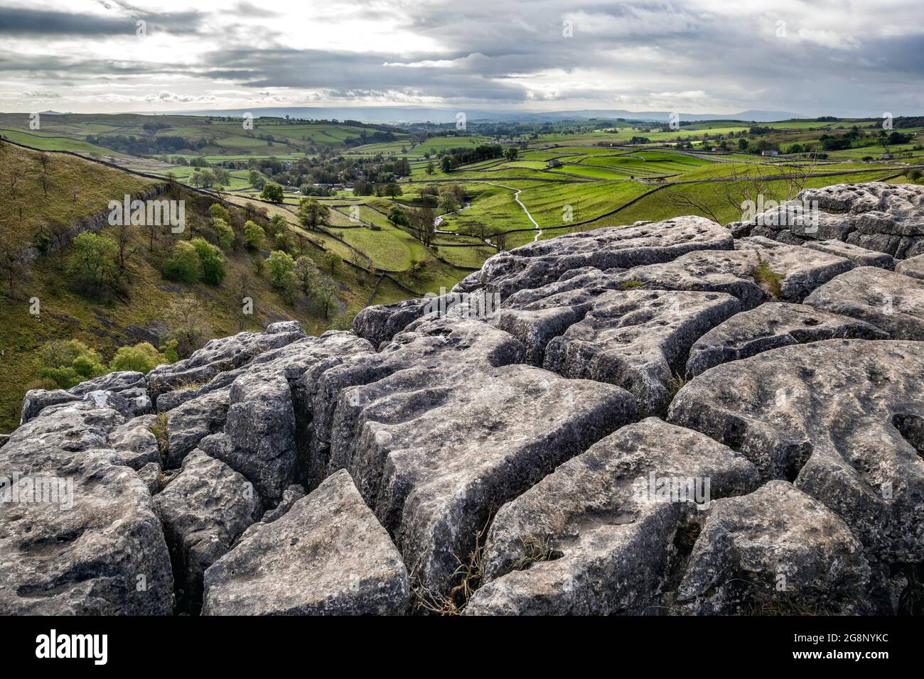 Malham; limestone pavement; looking towards Malham vilalge; Yorkshire ...