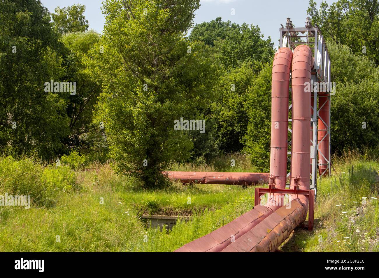 Hot water - steam pipes with bridging in summer nature Stock Photo - Alamy