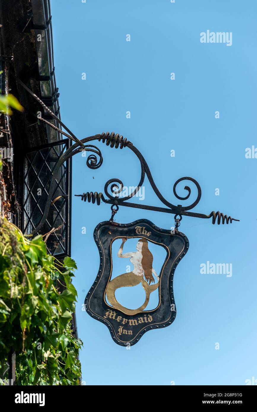 Rye, July 2021: Signage outside The Mermaid Inn at Rye in East Sussex ...